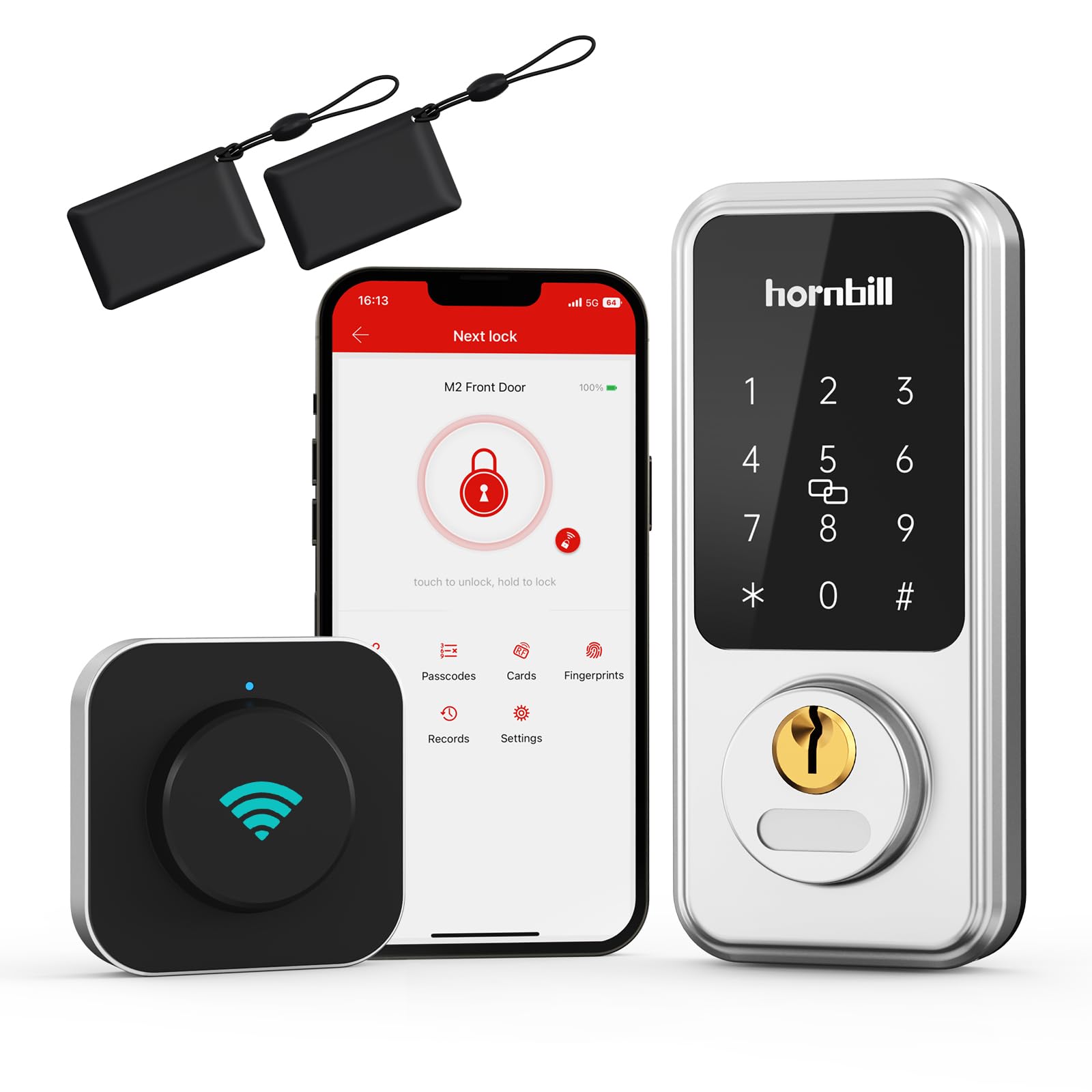 Wi-Fi & Bluetooth Smart Lock, Keyless Entry Smart Front Lock, hornbill Touch Screen Keypads, App Control, Auto Lock, Compatible with Alexa, Remotely Control