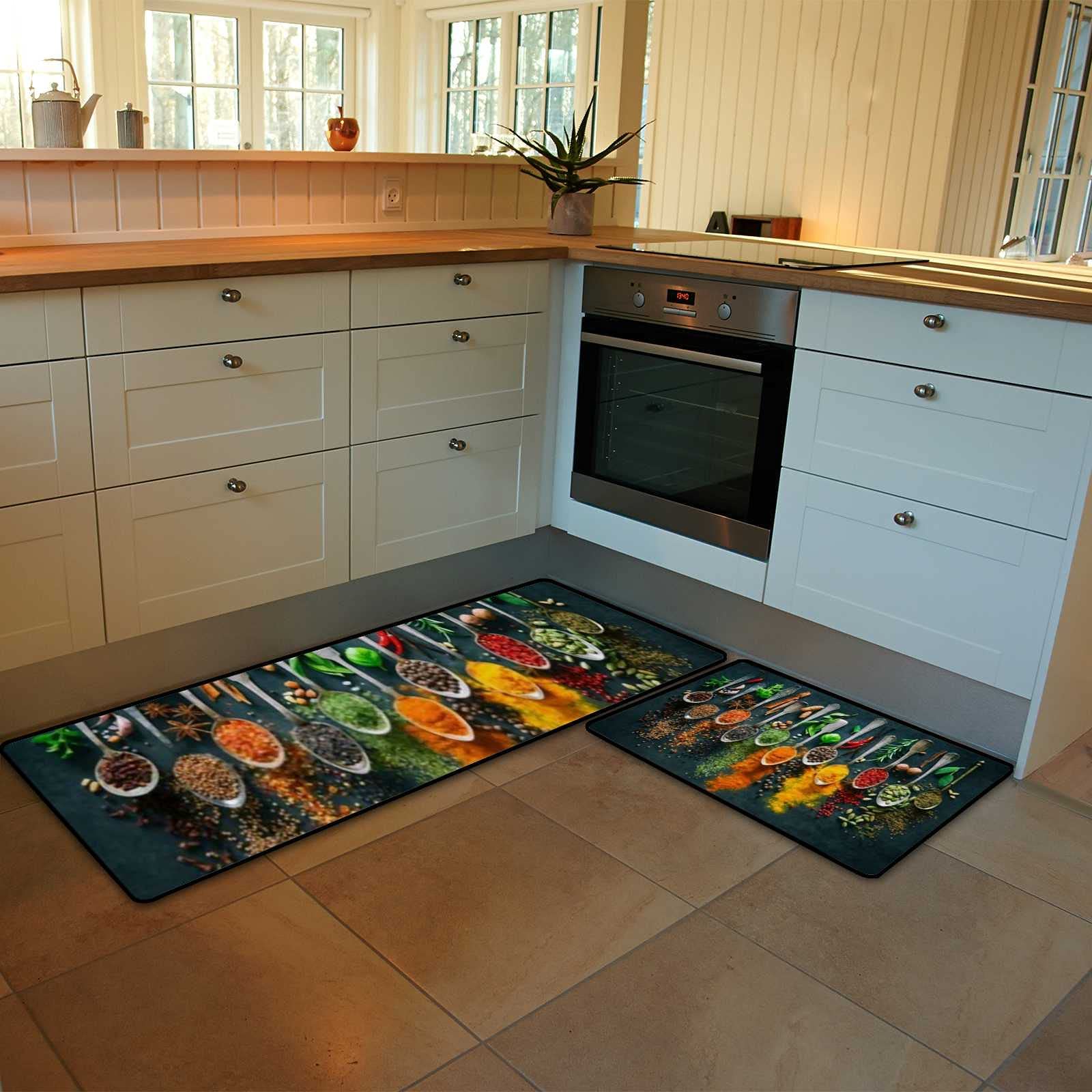Vantaso Kitchen Mat Rug Colourful Herbs and Spices Set of 2 Cushioned Non-Slip Waterproof Kitchen Floor Mats Comfort Runner Rugs