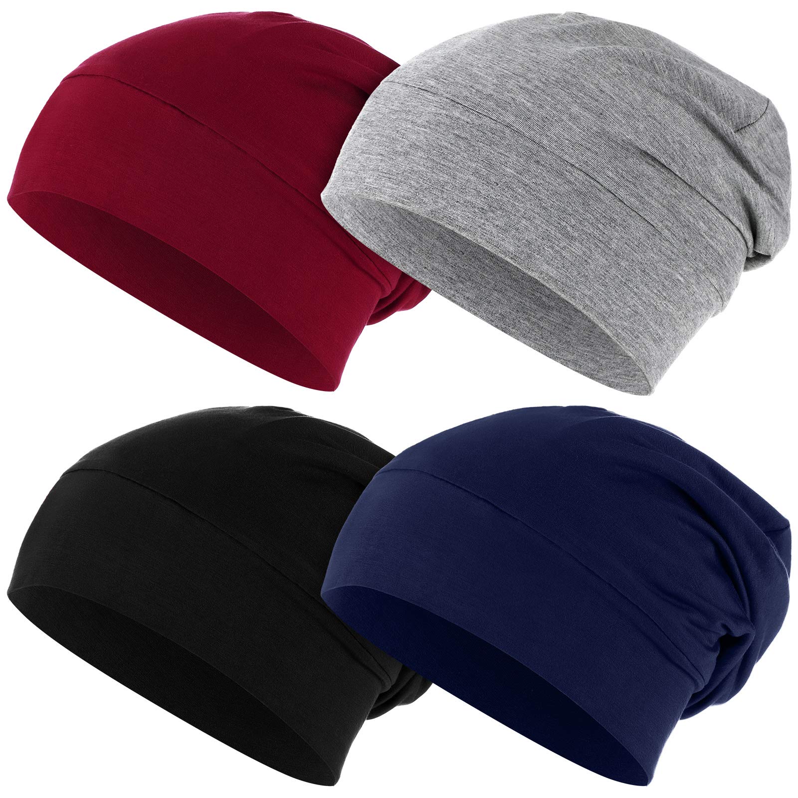 Syhood 4 Pieces Satin Lined Sleep Caps for Women Skull Beanie Elastic Slouchy Night Bonnet Hat