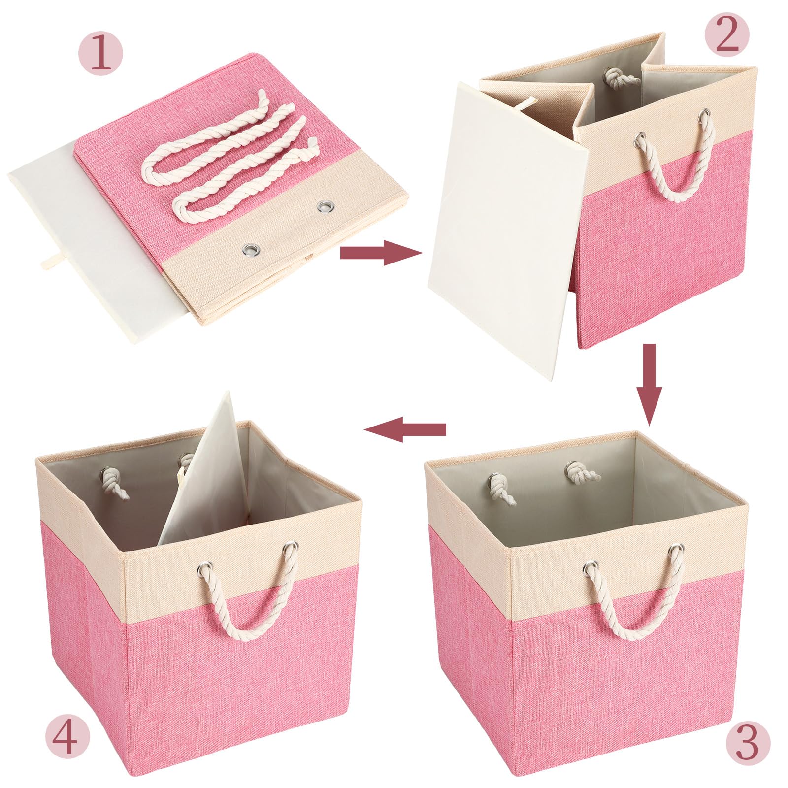 Windyun 6 Pcs Fabric Linen Storage Basket Cube Cloth Large Storage Bin with Handles 13 x 13 x 13 Inch Collapsible Storage Cube Box for Organizing, Shelves, Closet, Home and Office, White and Pink