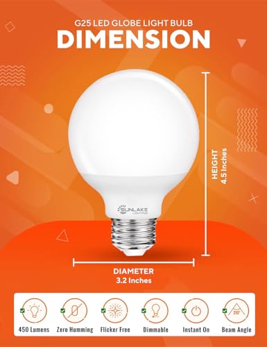 SunLake 12 Pack G25 Vanity Globe Light Bulbs 5 Watt (40 Watt Equivalent) Dimmable, 5000K Daylight LED, Eye Friendly 450 LUMENS, E26 Base, Ideal for Bathroom Makeup Mirror Droplight, Floor lamp