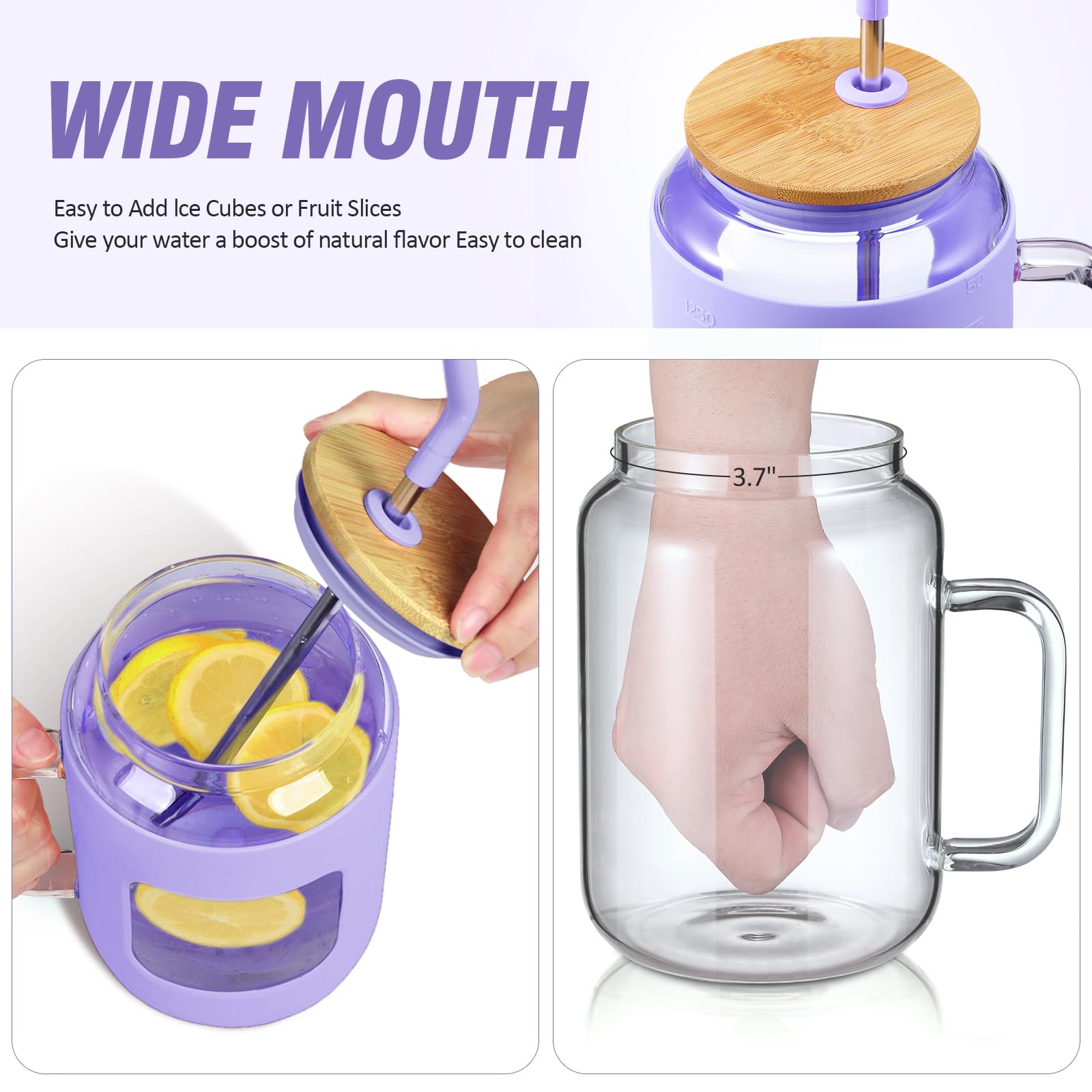 WINSA 50 oz Glass Water Bottles with Silicone Sleeve,Glass Tumbler with Lid and Straw,Iced Coffee Cup with Handle,BPA Free-Purple