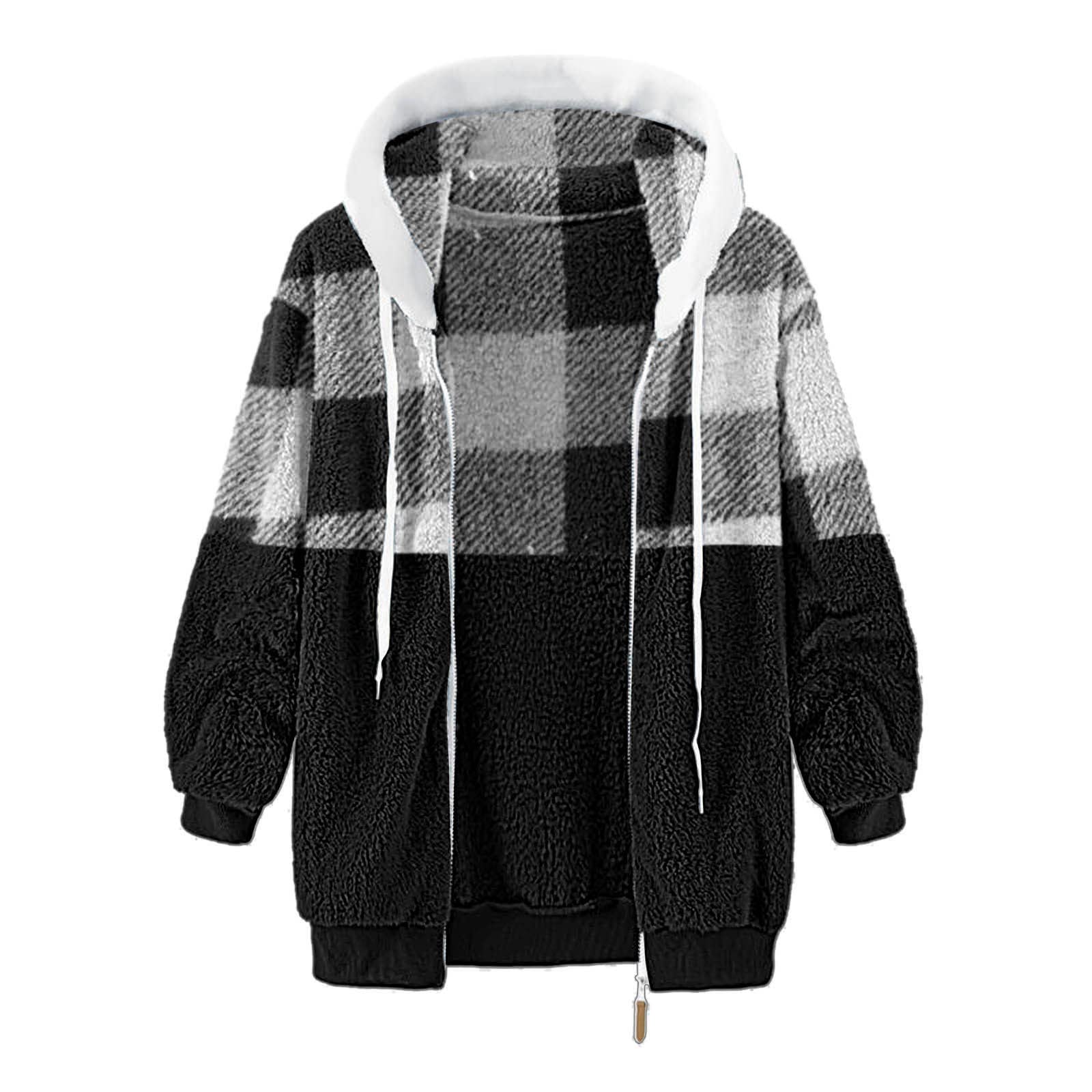 Women's Plaid Fleece Hooded Jacket Flannel Lined Long Sleeves Drawstring Sweatshirt Fuzzy Shirt Coat Blouse Tops