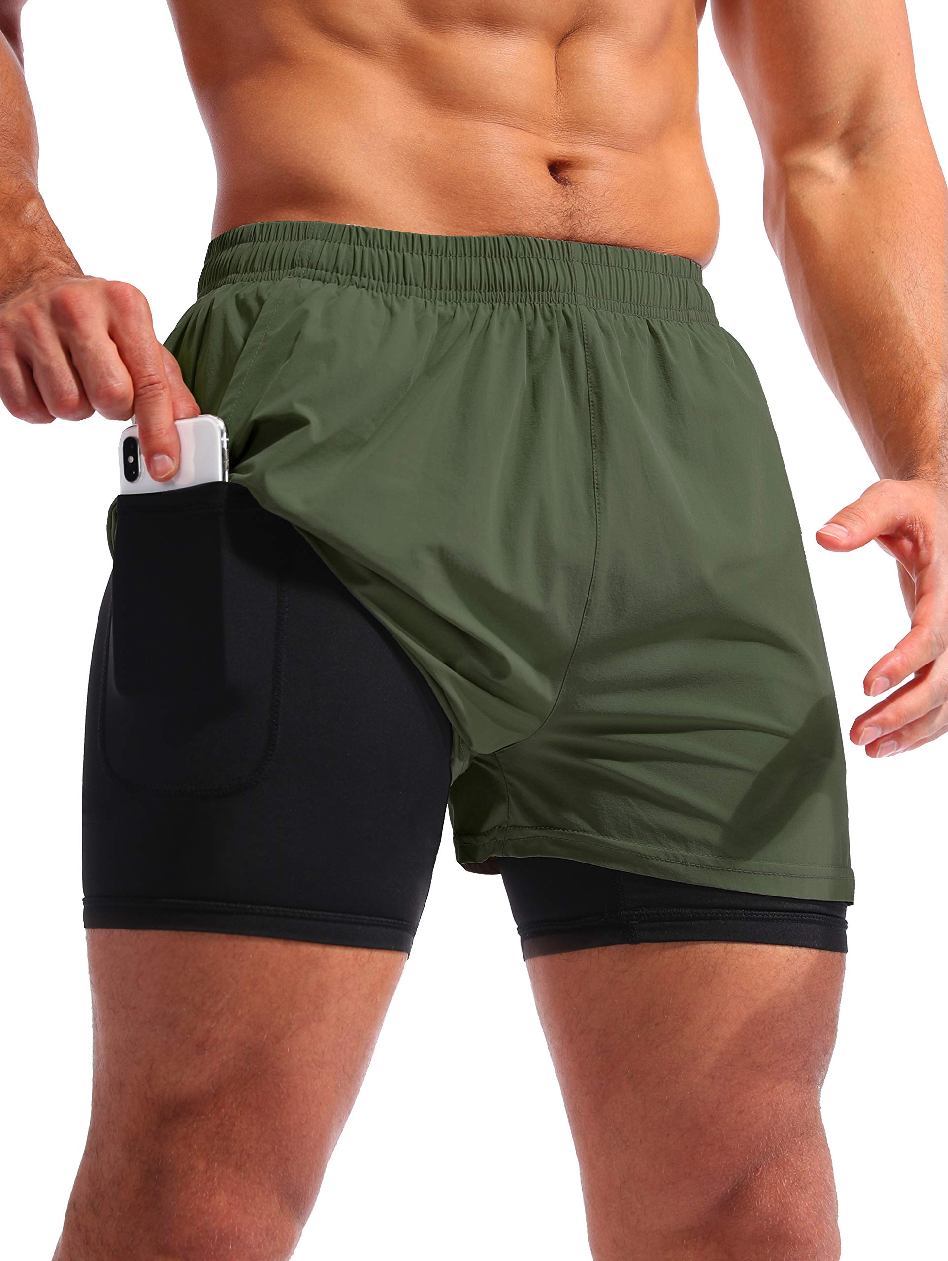 Pudolla Men’s 2 in 1 Running Shorts 5" Quick Dry Gym Athletic Workout Shorts for Men with Phone Pockets(Dark Green Small)