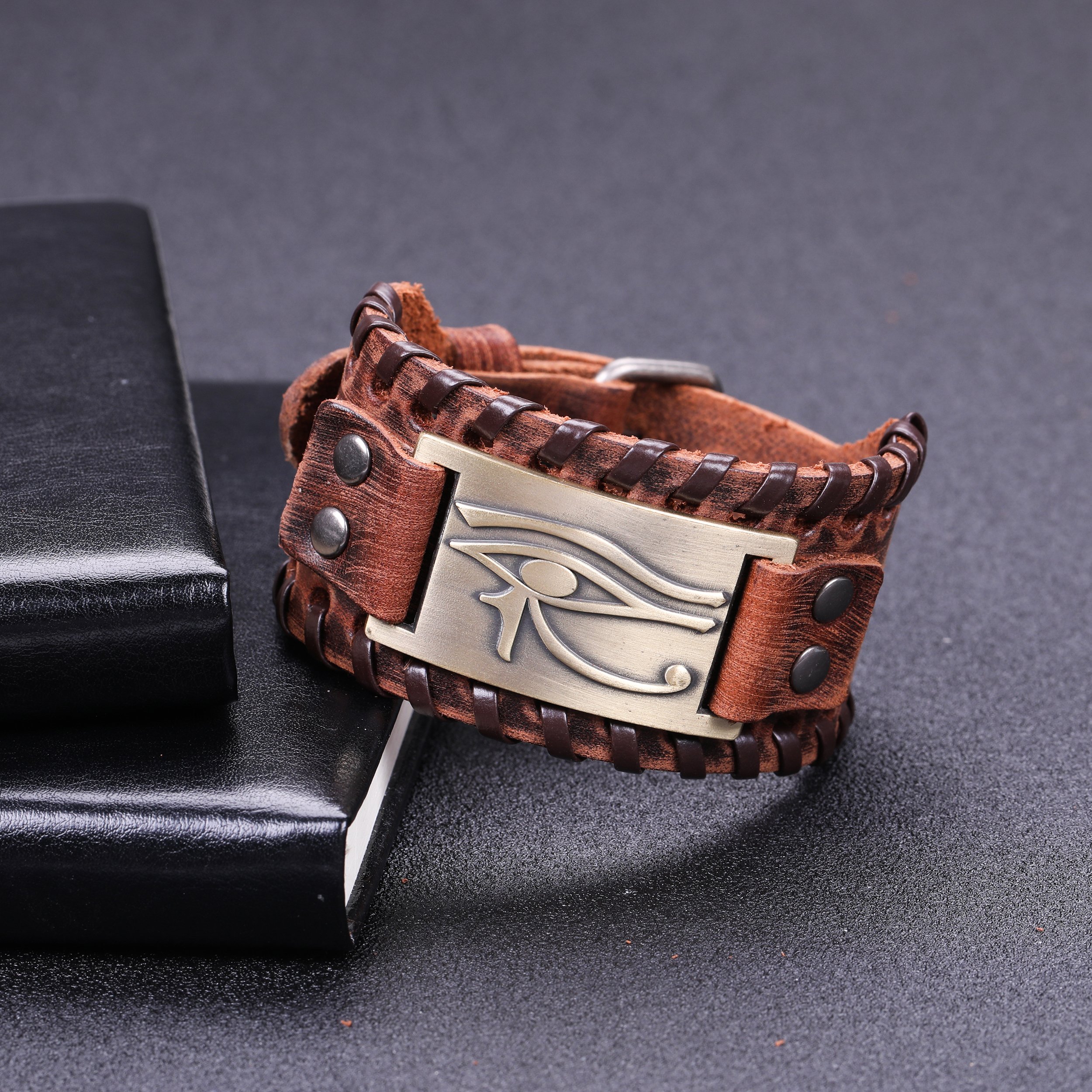 TEAMER Vintage Amulet Eye of Horus Leather Bracelet Cuff Bangle Egyptian Talisman Pagan Jewelry (Antique Copper,Brown)