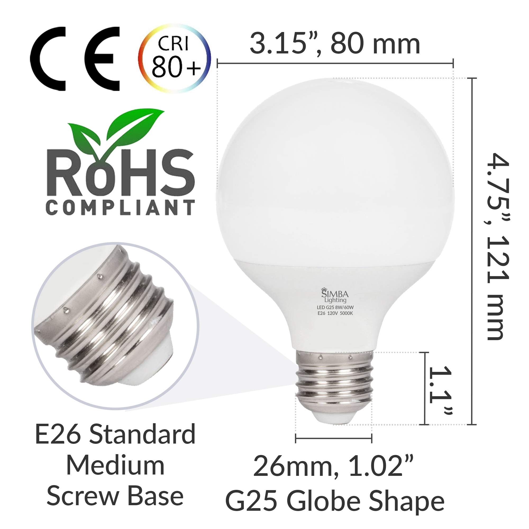 Simba Lighting LED Vanity Globe G25 (G80) Light Bulb for Bathroom, Makeup Mirror | Decorative White Frosted Cover, 8W, 60W Equivalent, 120V, Standard E26 Medium Base, Daylight 5000K, Pack of 3