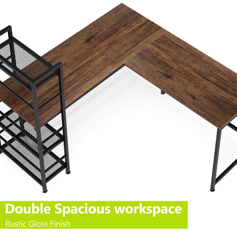 Tribesigns 59 Inch L Shaped Computer Desk, Corner Desk with 4-Tier Storage Shelves, Rustic L-Shaped Desk with Bookshelves for Home Office, Writing Study Workstation PC Gaming Table L Desk (Walnut)