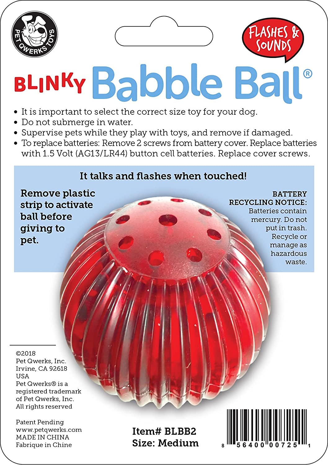 Pet Qwerks Blinky Babble Ball - Flashing Interactive Chew Dog Toy - Medium