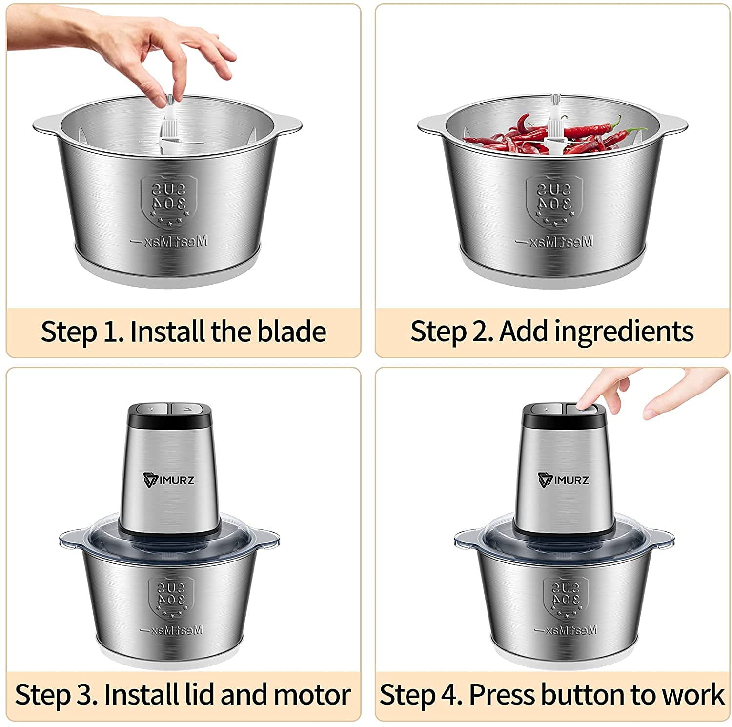 Small Food Processor,IMURZ Mini Food Chopper Electric, Meat grinder Blender(Table Blender) , mini chopper 300W Kitchen ,For Vegetable, Fruit, Onion, Garlic -2 Cup
