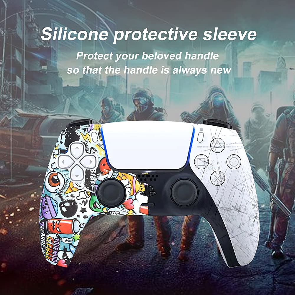Silicone Anti-Slip Controller Skin, Controller Grip Cover for Sony PS5 DualSense Wireless Controller with 8 Thumb Grip Caps (Comic Art)