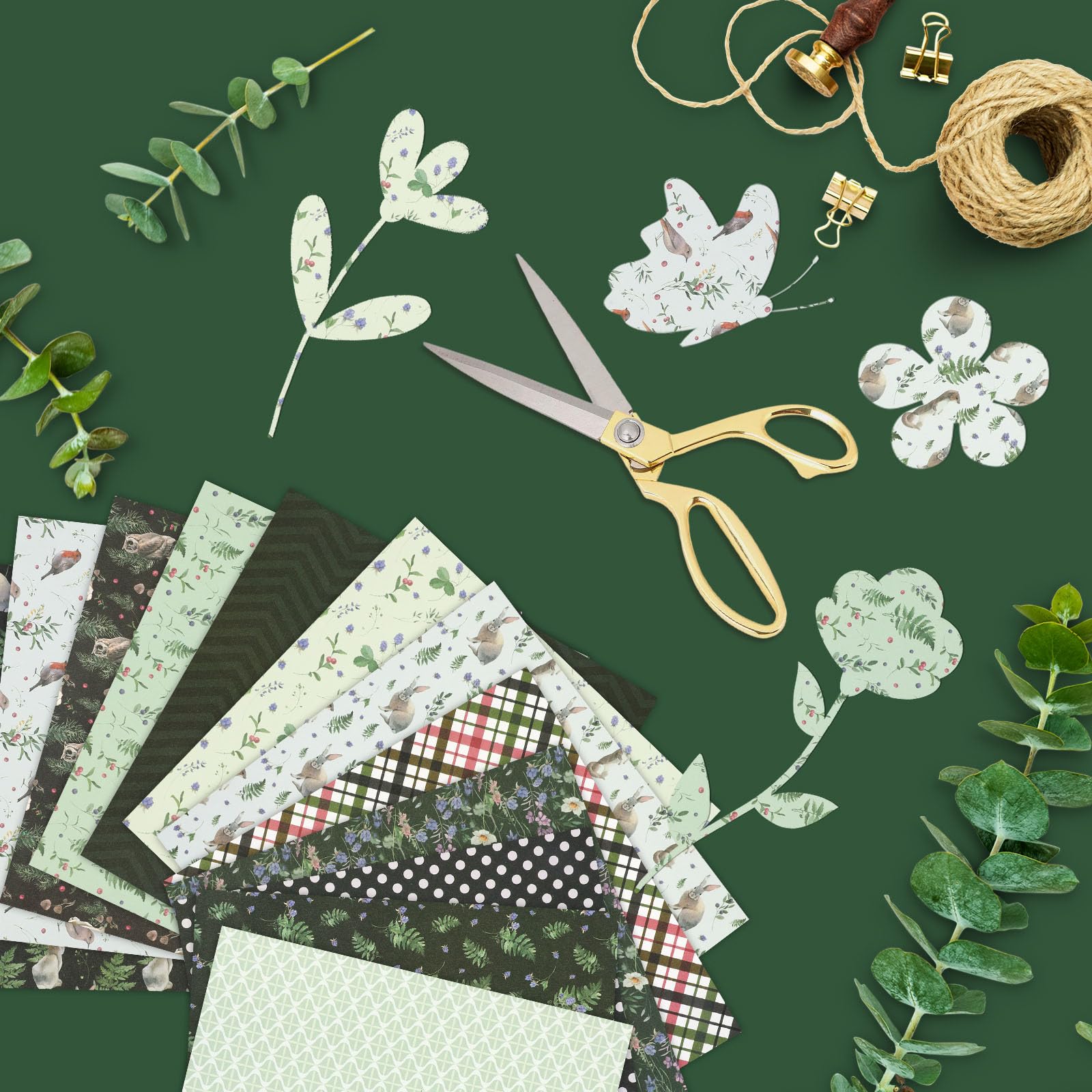 PUIKSXER 24 Sheets Forest Themed Scrapbook Paper, 6 x 6 Inches Animals Green Leaves Dots Pattern Paper Single-Sided Decorative Cardstock for Junk Journal Card Making Background Paper