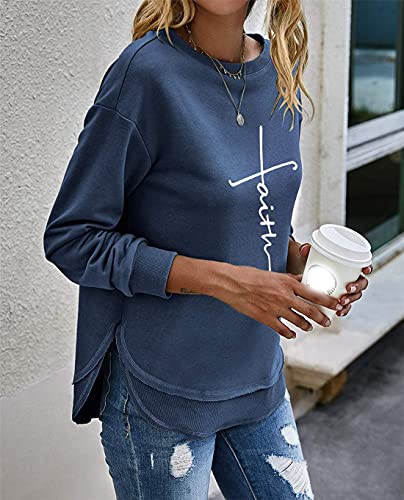 Womens Casual Funny Faith Spirituality Graphic Crewneck Sweatshirt Long Sleeve Loose Pullover Tops Shirts (Navy,Medium,US,Alpha,Medium)