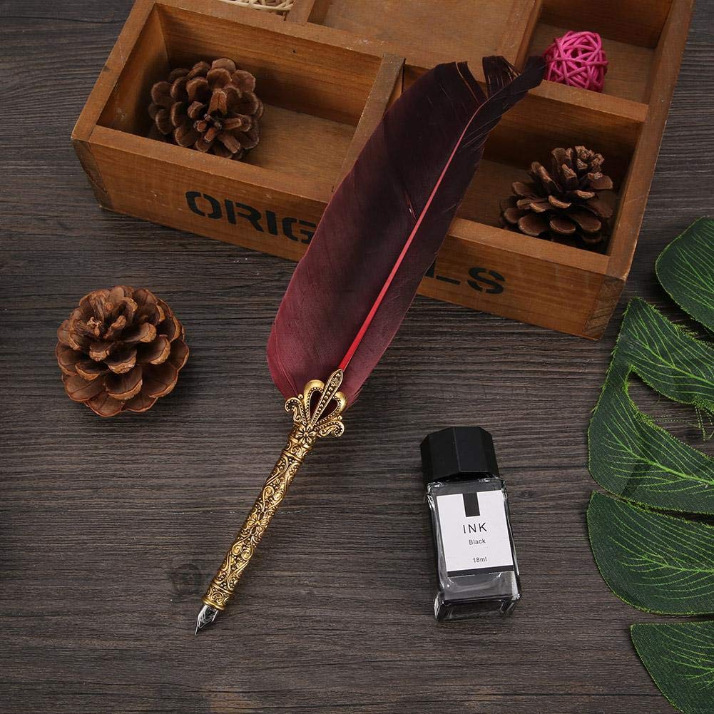Simlug Calligraphy Pen Feather Quill Pen Set, Vintage Retro Feather Dip Pen Stainless Steel Nibs Calligraphy Writing Ink Pen Gift(Wine Red)