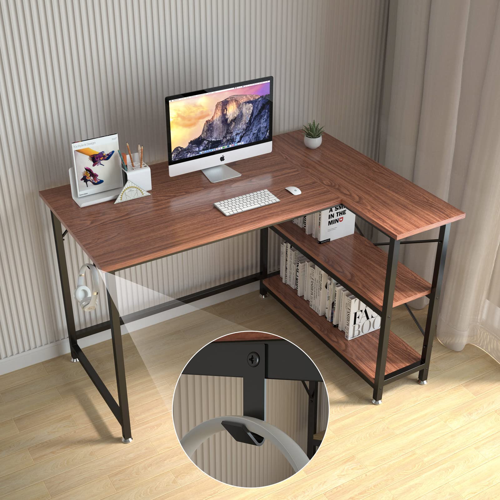 Pyraxis L Shaped Computer Desk, 47 Inch Gaming Desks with Hooks, Corner Desk with Storage Shelves, Office Desk for Small Space, Reversible Desks for Home Office, Walnut