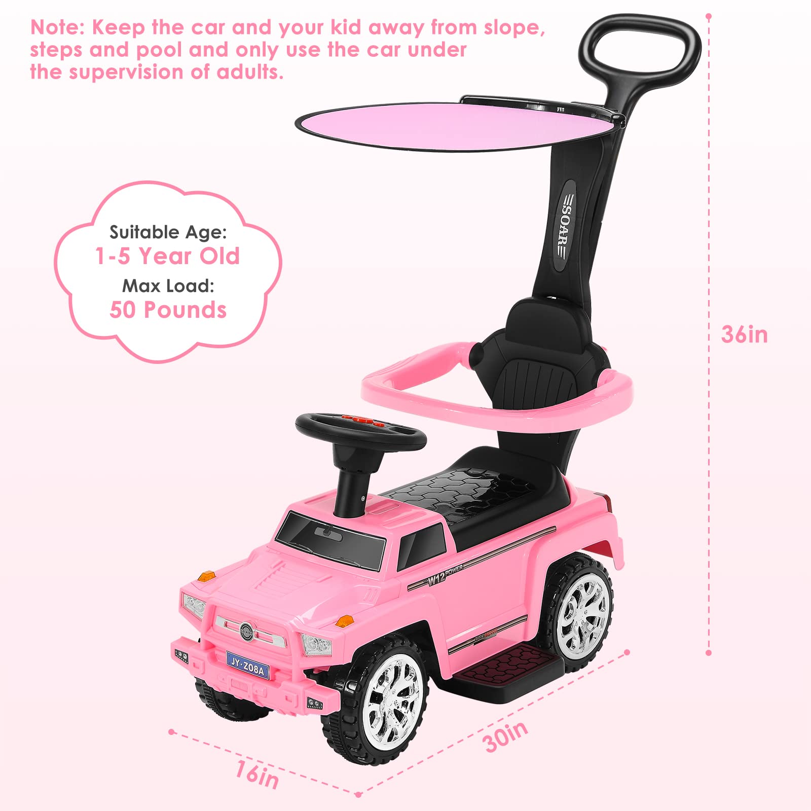 SOAR Toddler Push Car Pushing Car Ride On Toy with Cup Holder Sun Canopy Pink