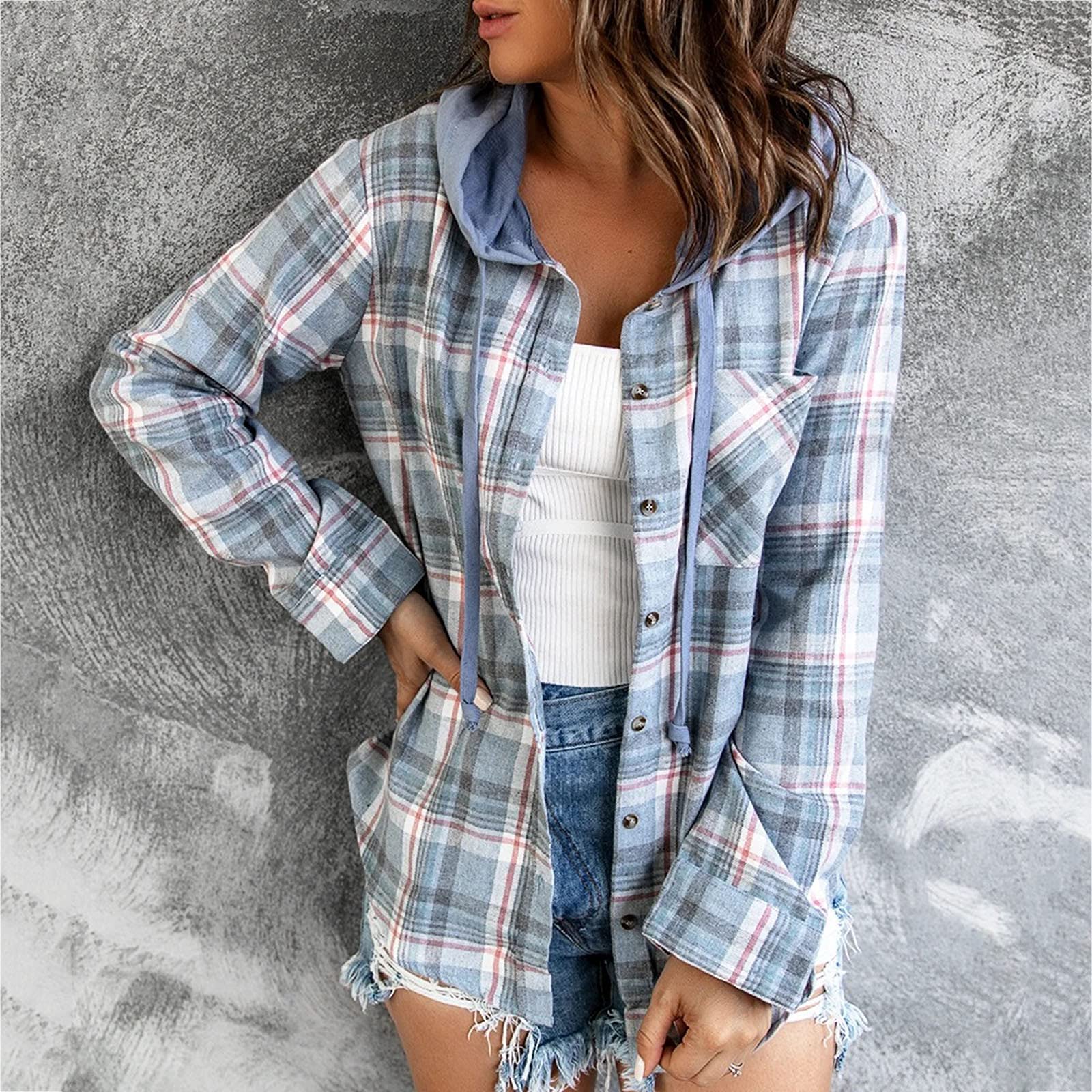 Womens Flannel Color Block Plaid Blouses Button-Down Pocket Long Sleeve Tops Plaid Jackets for Women Blue