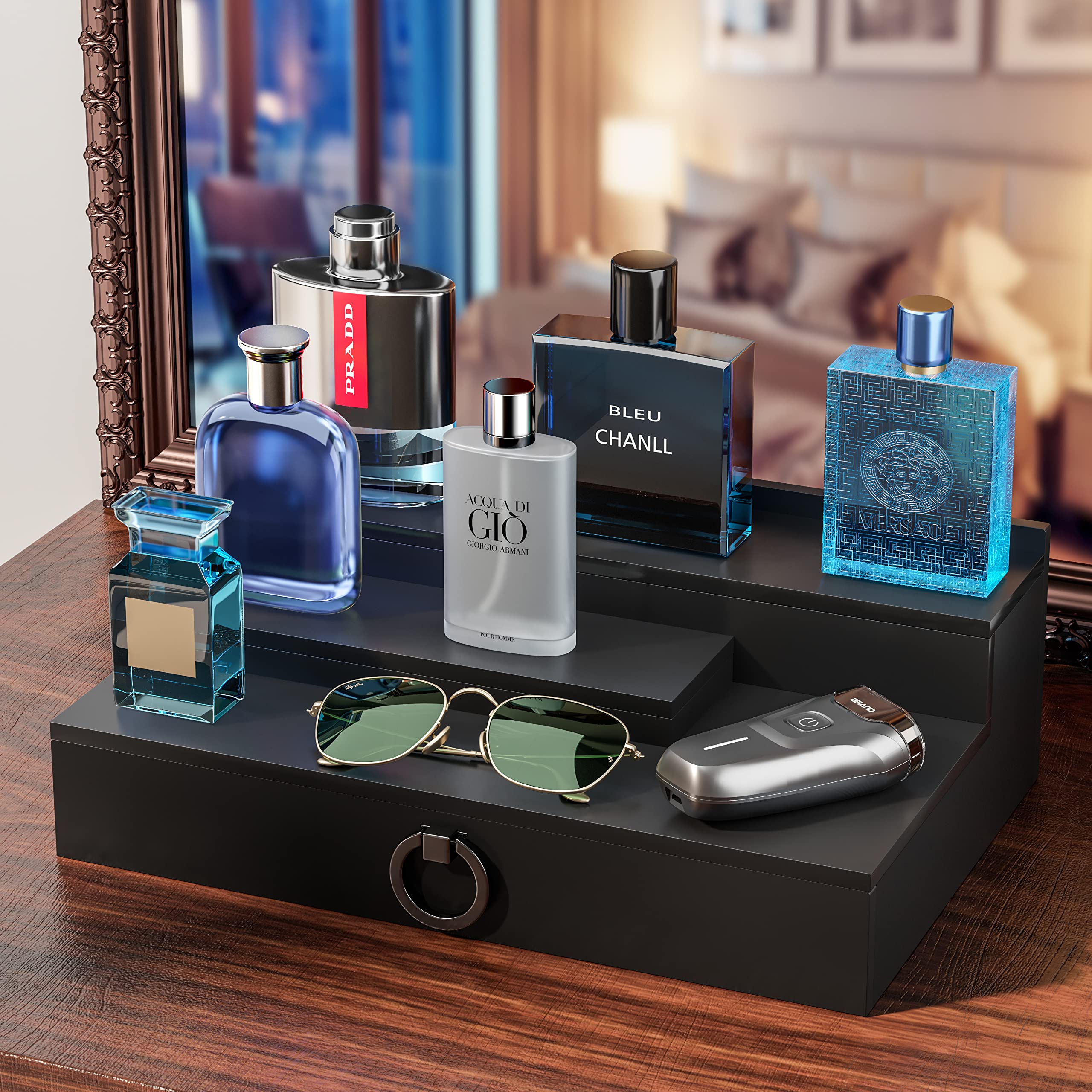 WINKINE Cologne Organizer for Men, Acrylic Display Stand Shelf, Perfume Organizer for Dresser, Cologne Stand with Hidden Compartment and Drawer, Cologne Holder Tray Shelf, Fragrance Organizer, Black