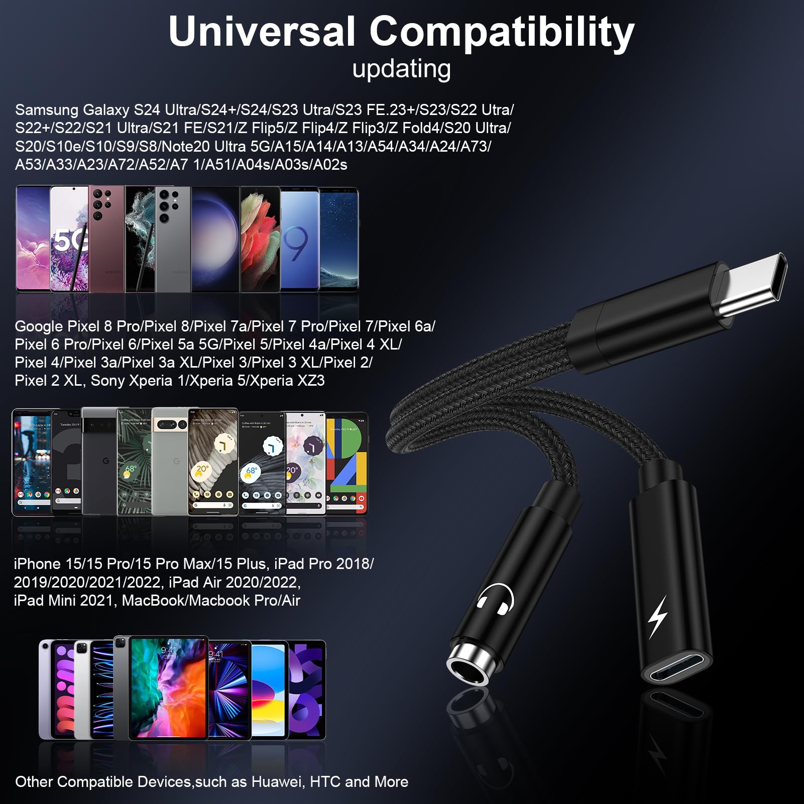 Samsung Galaxy S23 Headphone Adapter, 2 in 1 USB C to 3.5mm Aux Audio Jack with 60W Fast Charging Dongle Cable for Galaxy S24 S23 Ultra S22 S21 A14 A54 A13 Flip5, iPhone 15/15 Pro Max, Pixel 8 7 6 5 4