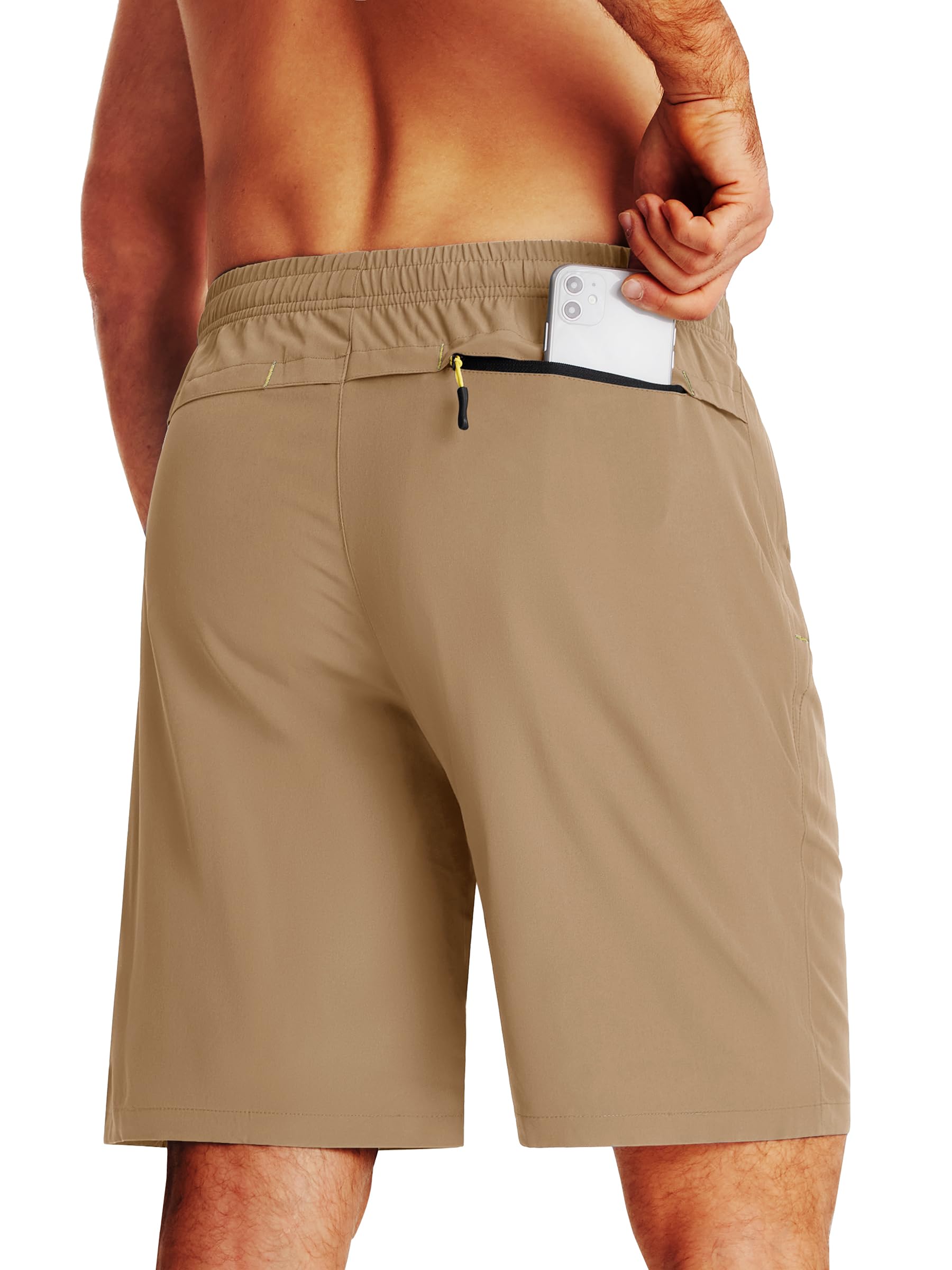 TACVASEN Athletic Shorts for Men Lightweight Quick Dry Running Gym Basketball Hiking Khaki Short with 3 Zipper Pockets