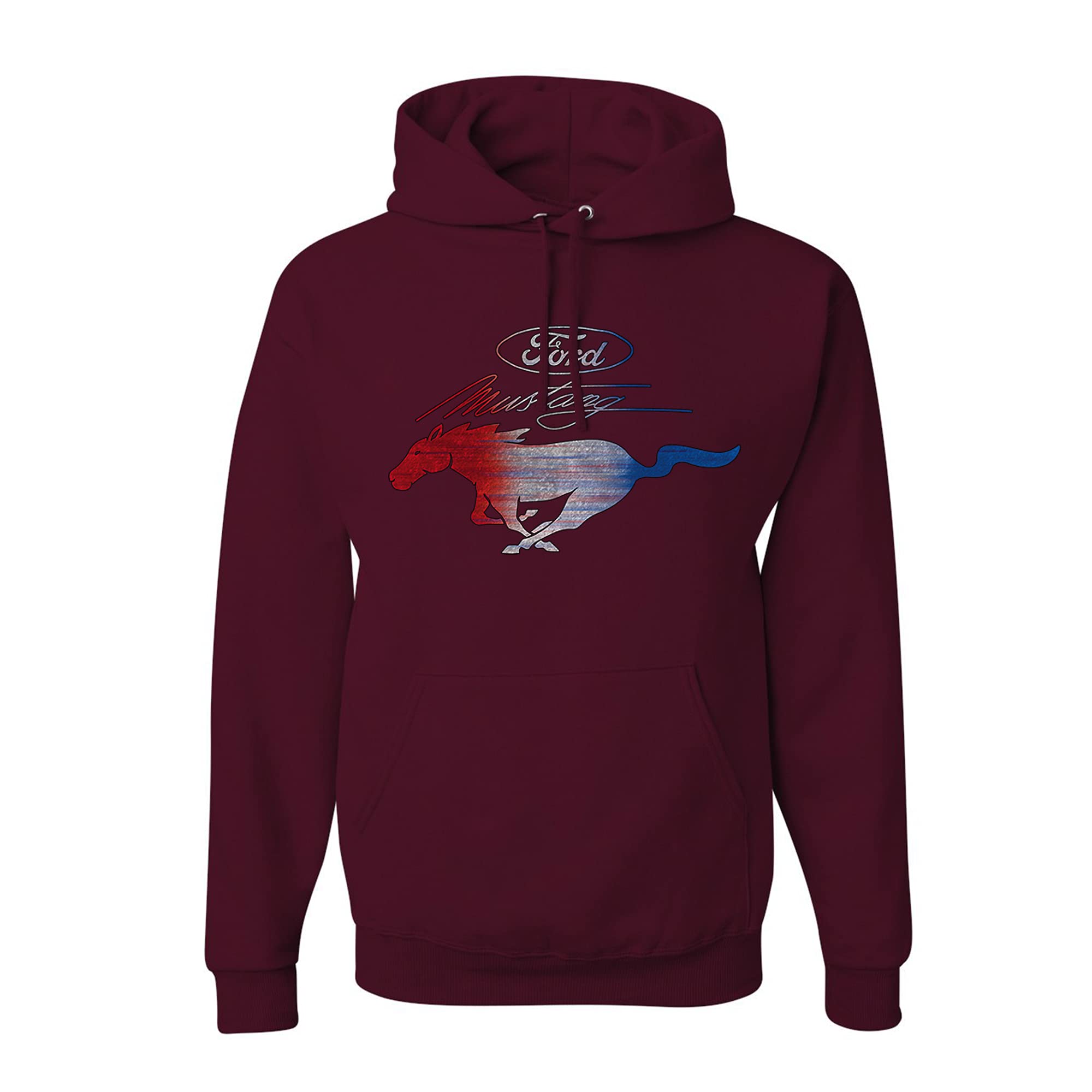 wild custom apparel Ford Mustang Pony American Flag United States Flag Licensed Official Mens Hoodies, Maroon, Large