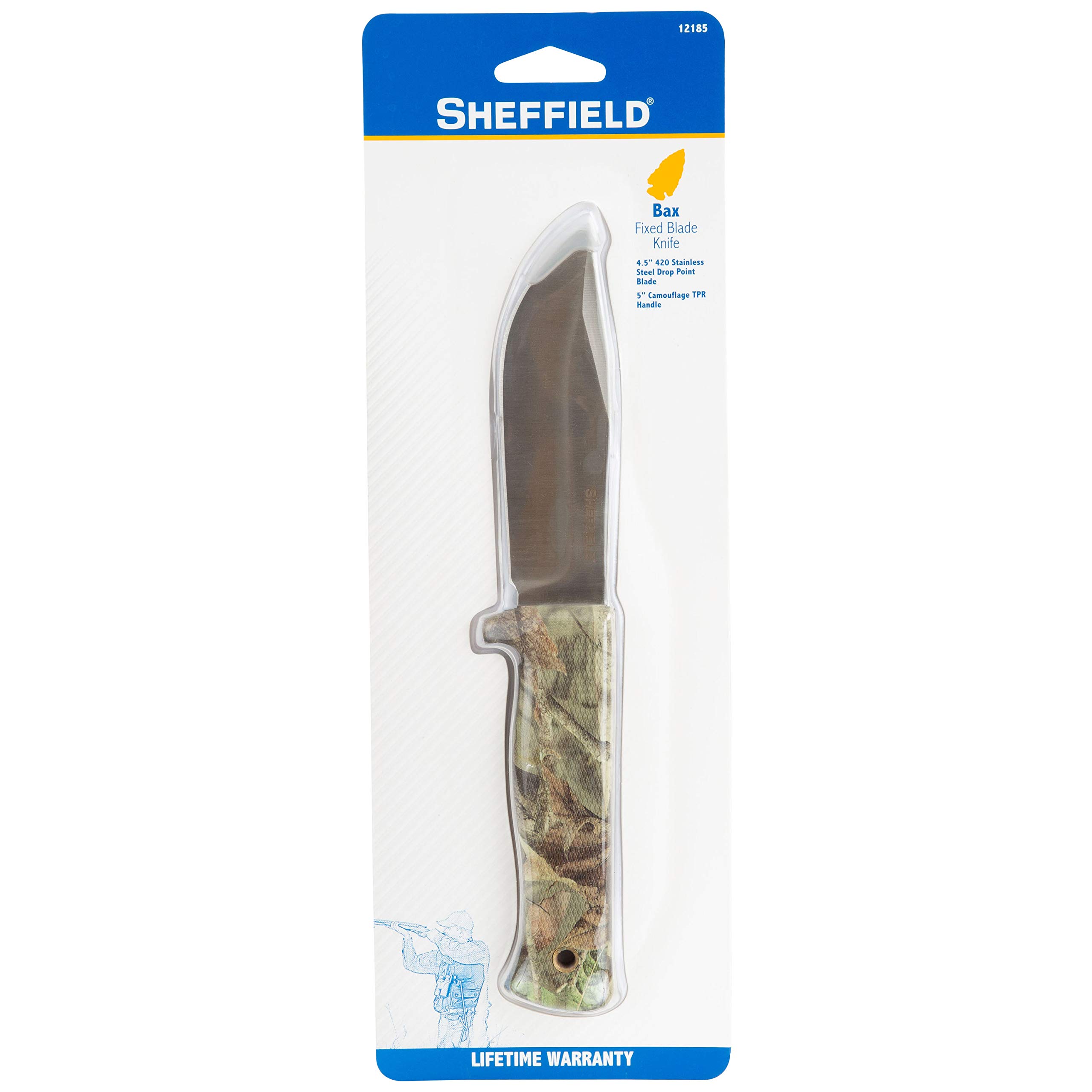 Sheffield 12185 Bax Camo Fixed Blade Hunting Knife with 4.5 Drop Point Blade, Full Tang, Camouflage Slip-Resistant Handle, For Skinning Game, Camping, Defense, & More