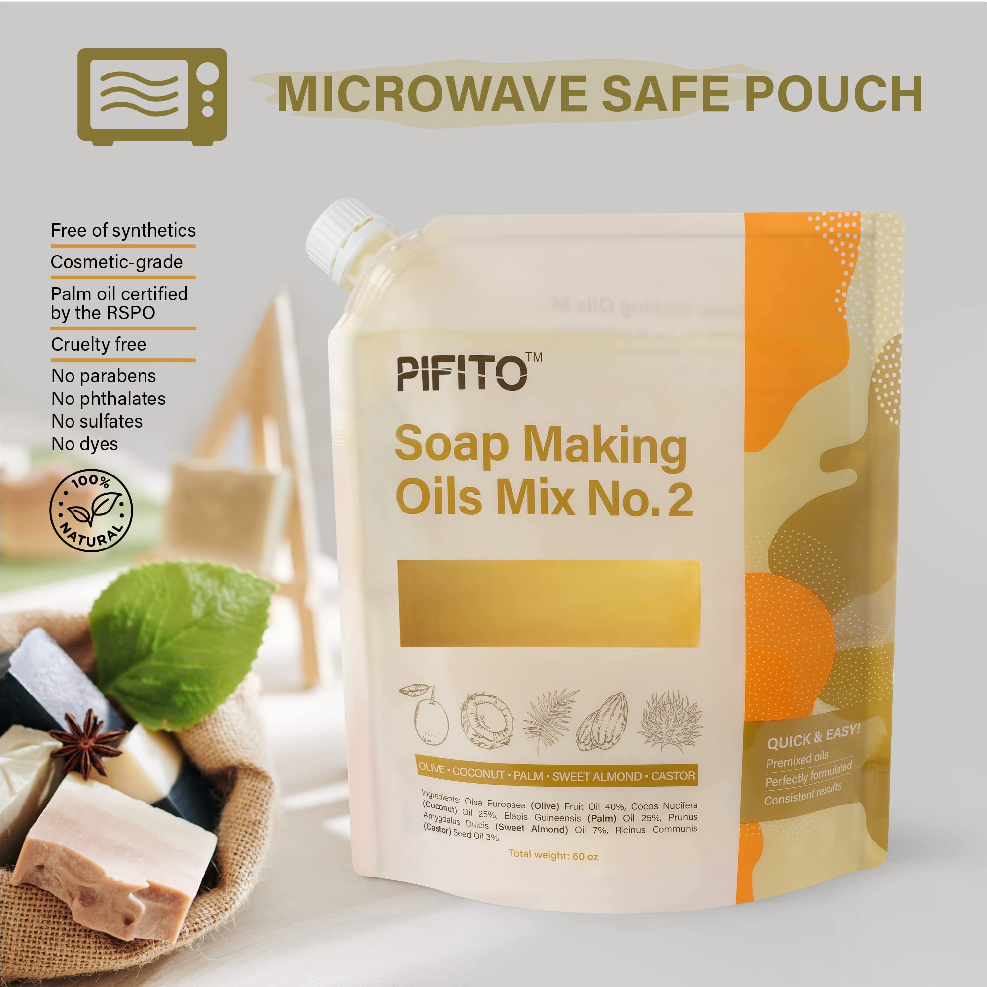 Pifito Soap Making Oils Mix No. 2 β 60 Oz Quick Mix Blend of Pre-Measured Oils for Cold Process Soap Making Supplies