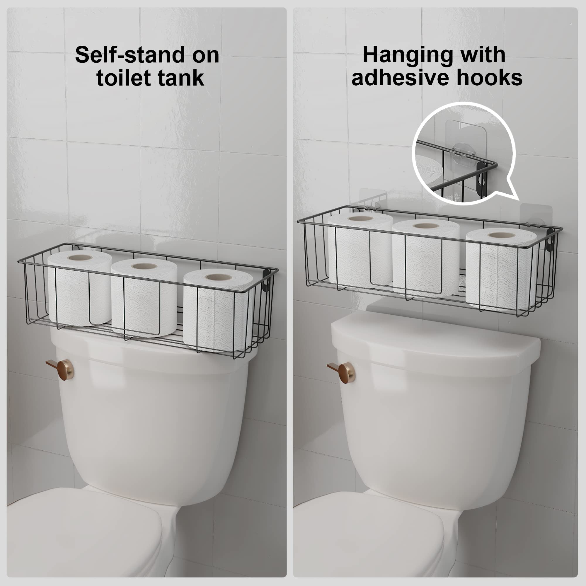 RICHER HOUSE Floating Shelves with Wire Basket, White Bathroom Shelves for Wall Decor, Rustic Wall Shelves with Removable Towel Bar, Wall Mount over Toilet Shelves for Kitchen, Bedroom - White