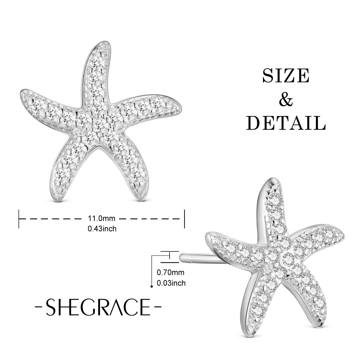 SHEGRACE S925 Sea Star Studs Sterling Silver Earrings Micro Pave AAA Zircon Starfish Earrings(Silver)