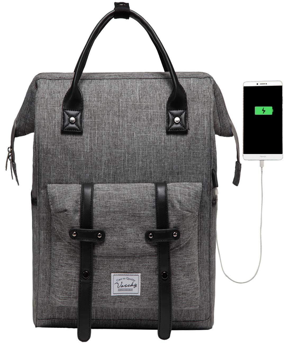 VASCHY Laptop Backpack, Vintage Water Resistant Anti-theft Travel Backpack for Men and Women 15.6inch with USB Charging Port Charcoal Gray