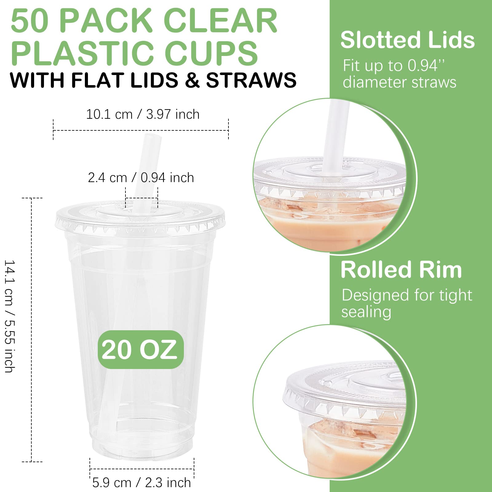 Zezzxu 50 Pack 20oz Clear Plastic Cups with Hole Flat Lids and Straws, Crystal Clear PET Disposable Party Cups for Cold Drinks, Iced Coffee, Juice, Smoothie, Milkshake