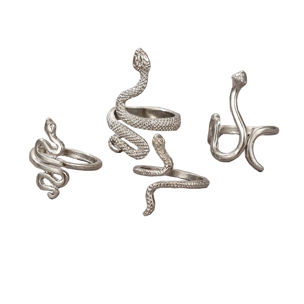 Wekicici 4pcs Snake Rings Set Boho Adjustable Open Stackable Ring Vintage Silver Knuckle Trendy Rings Sets for Women Girls Teens(Silver)