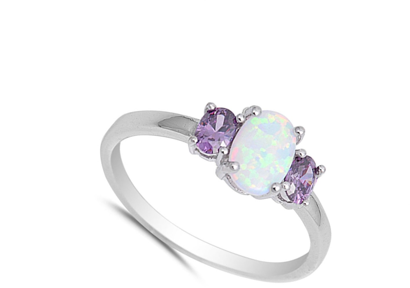 Simulated Amethyst White Simulated Opal Fashion Ring New .925 Sterling Silver Band Size 8