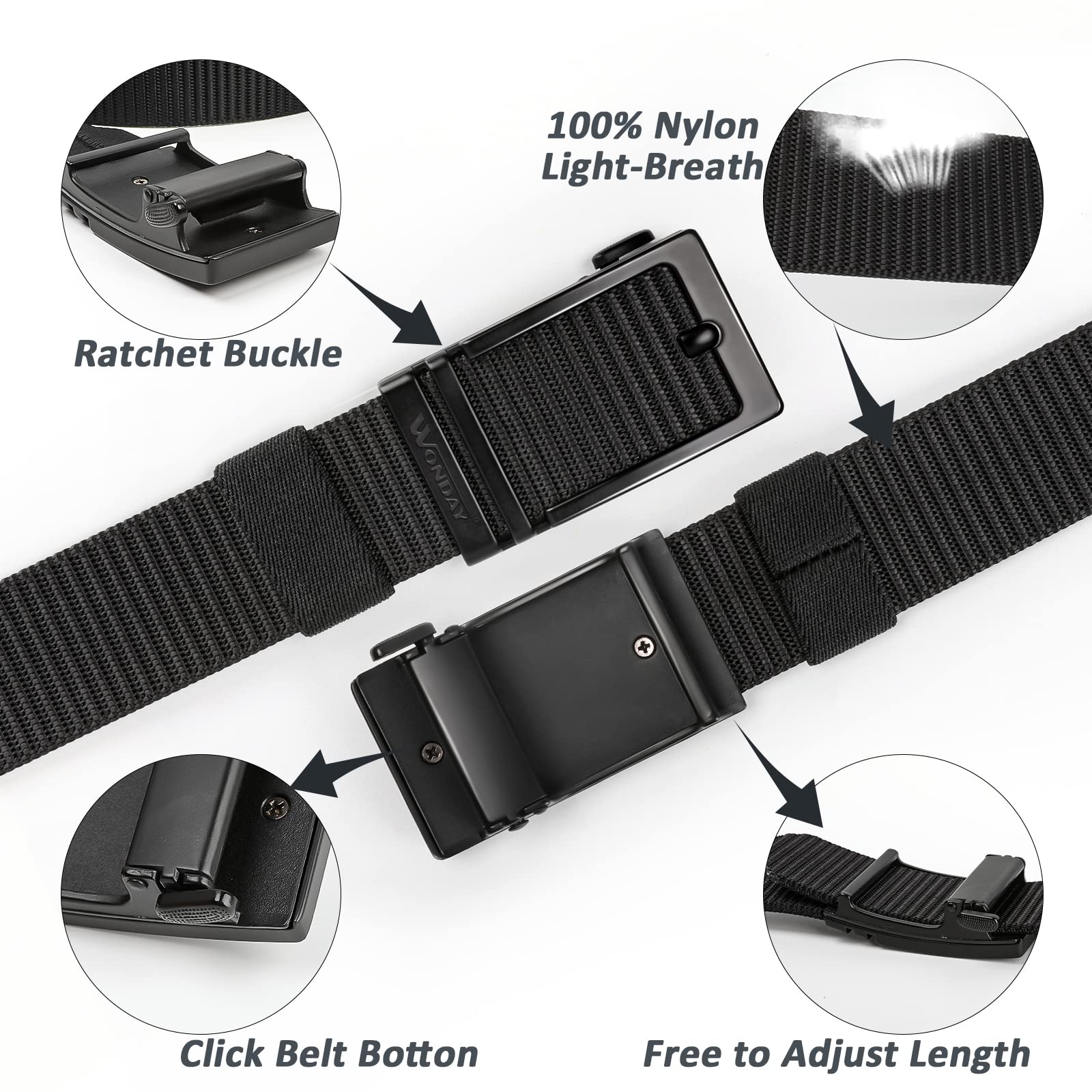 WONDAY Men's Nylon Ratchet Belt, Adjustable Golf Web Casual Durable Jeans Belt With Automatic Slide Buckle (Black, S)