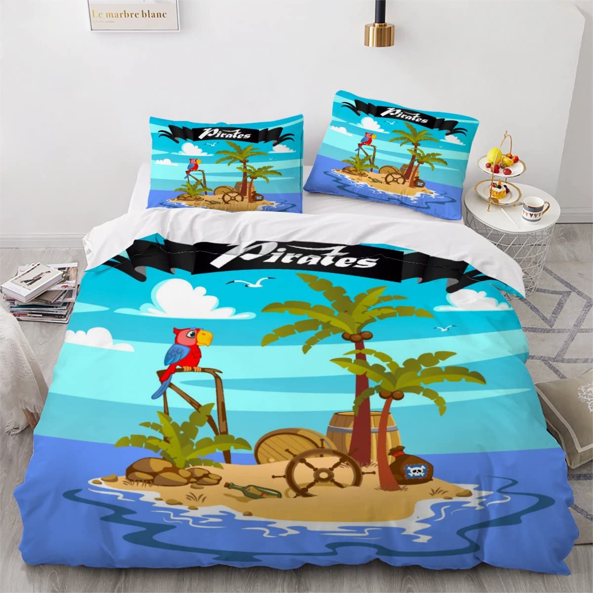 Quilt Cover Queen Size The Treasure 3D Bedding Sets Pirate Island Duvet Cover Breathable Hypoallergenic Stain Wrinkle Resistant Microfiber with Zipper Closure,beding Set with 2 Pillowcase