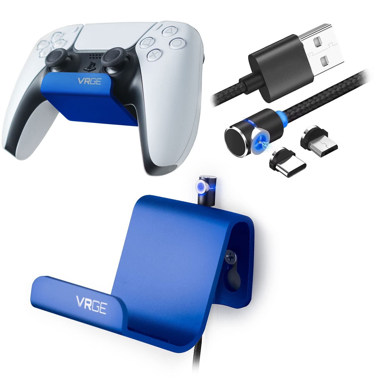 VRGE - Magnetic Game Controller Wall Mount - Premium Anodized Aluminum USB Charging Station Stand and Charger Cable Cord Holder Mount For Sony PlayStation 5 4 Xbox Headphones - Blue Anodized