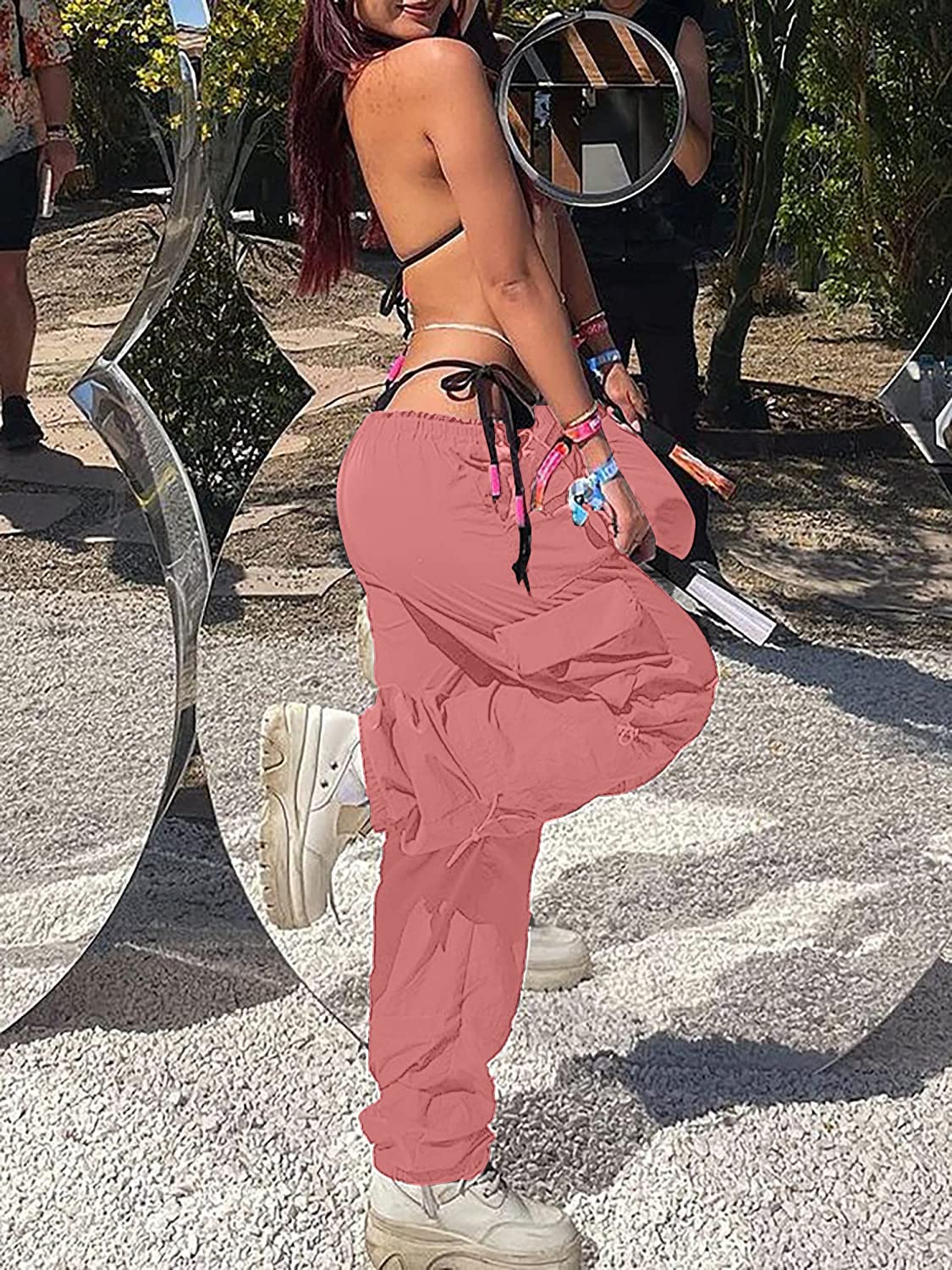 QYANGG Baggy Parachute Pants for Women& Girls Drawstring Elastic Low Waist Ruched Cargo Pants Multiple Pockets Jogger Y2K Pink