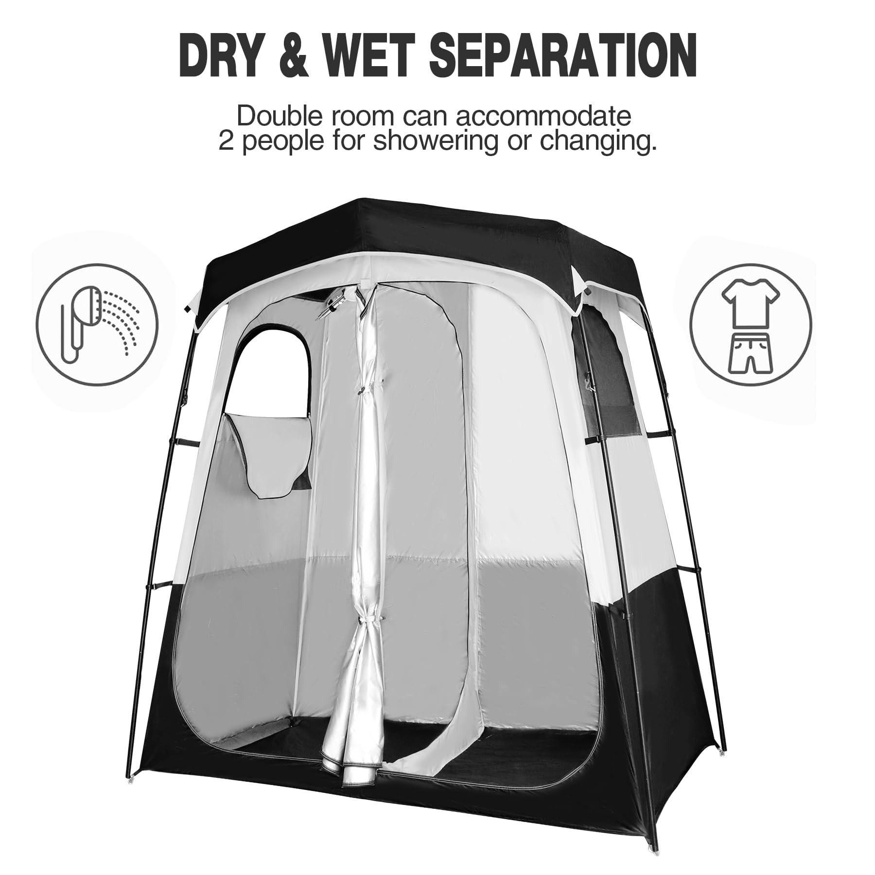 REDCAMP Oversize Camping Shower Tent 2 Rooms, Outdoor Privacy Pop Up Changing Tent for Portable Toilet/Bathroom/Dressing, Easy Set Up