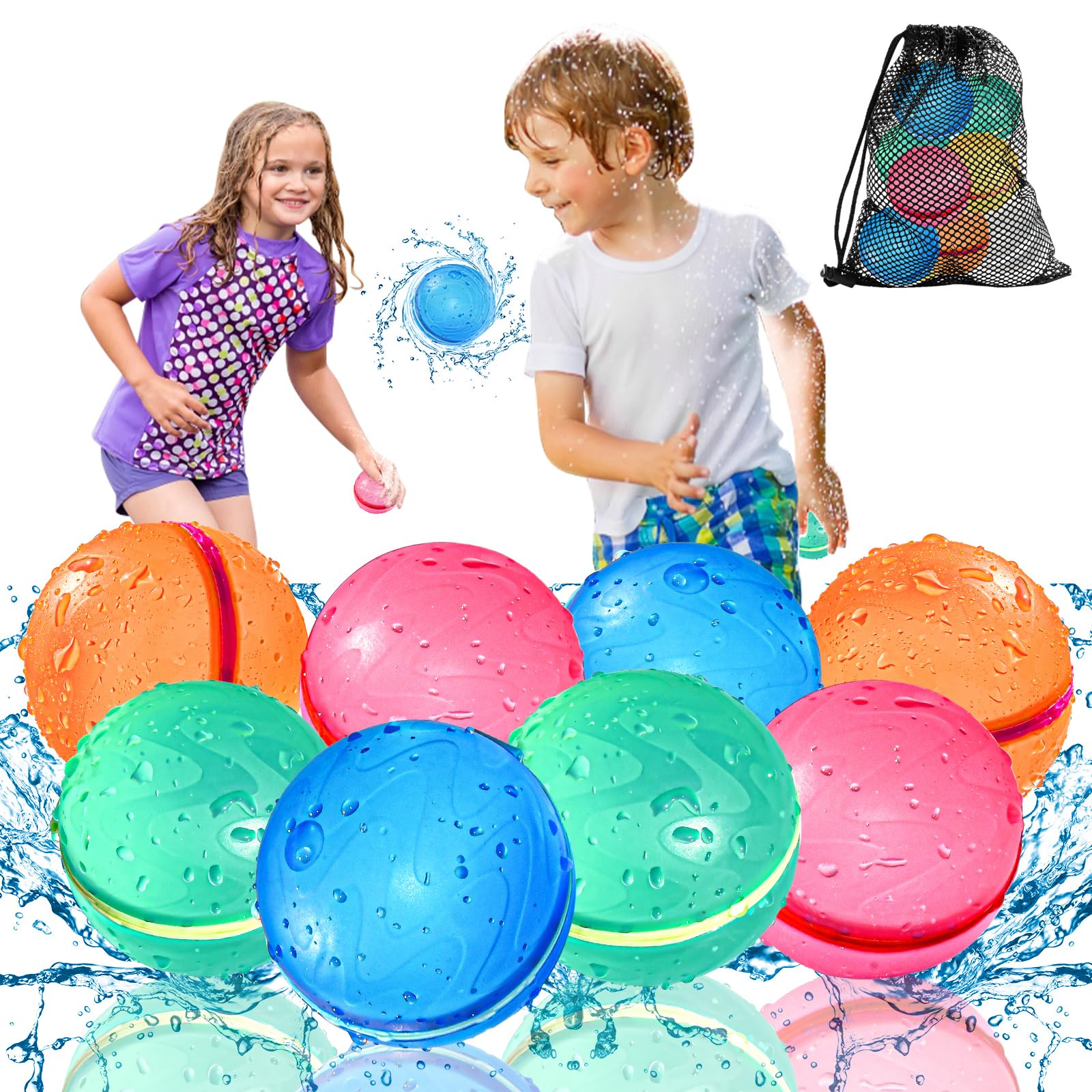 SOPPYCID Reusable Water Balloons, Self Sealing, Refillable Water Bomb Splash Balls, Pool Toys for Kids Ages 3-12, Outdoor Water Toys for Summer Fun Pool Party Favors (8 Pcs)