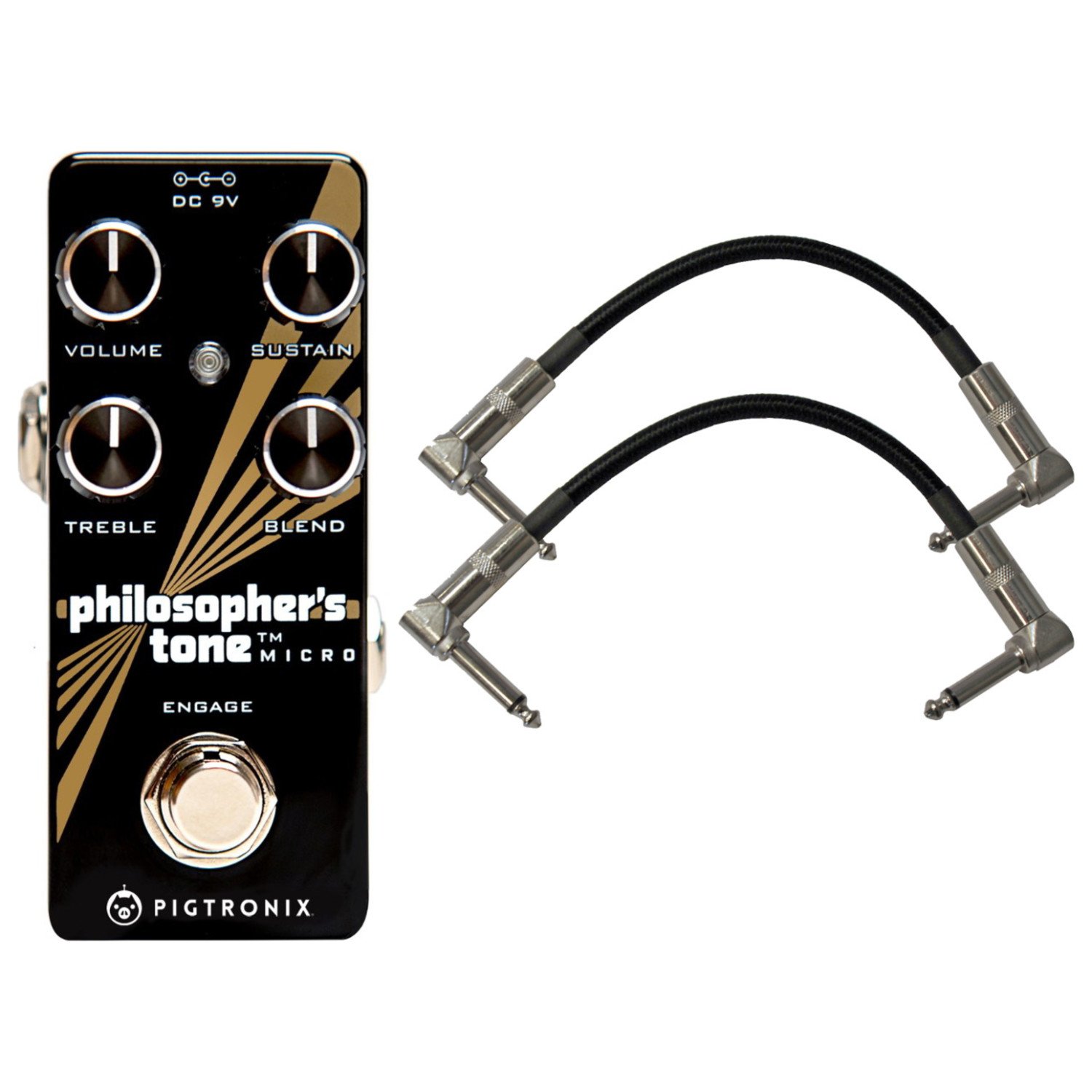 Pigtronix PTM Philosopher's Tone Micro Compressor / Sustain Pedal with a Pair of R-Angle Patch Cable