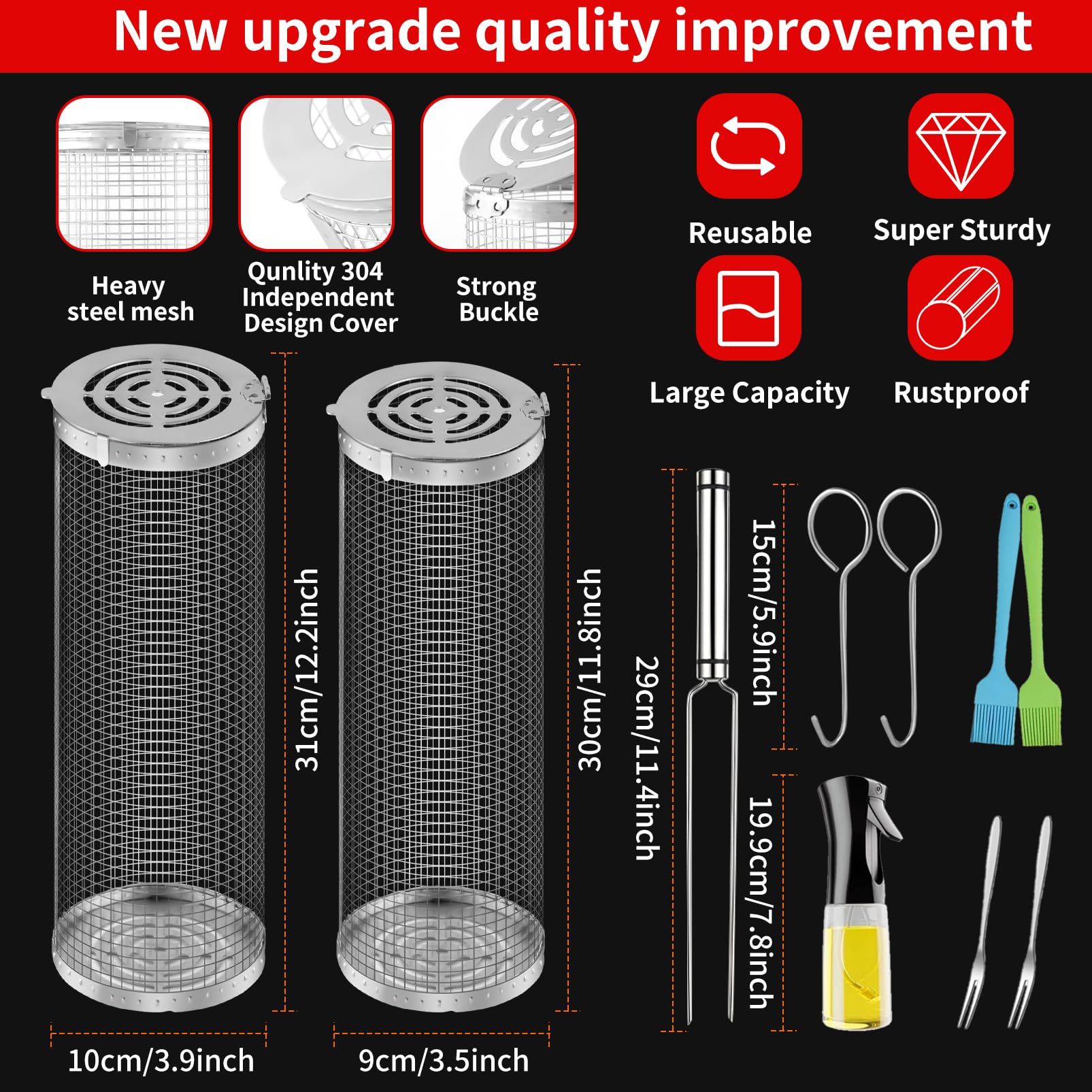 Rolling Grilling Baskets for Outdoor Grill Bbq ,Stainless Steel Grill Mesh Barbeque Grill Accessories,Outdoor Round BBQ Stainless Steel Grill Basket Campfire Grill Grid - Camping Picnic Cookware