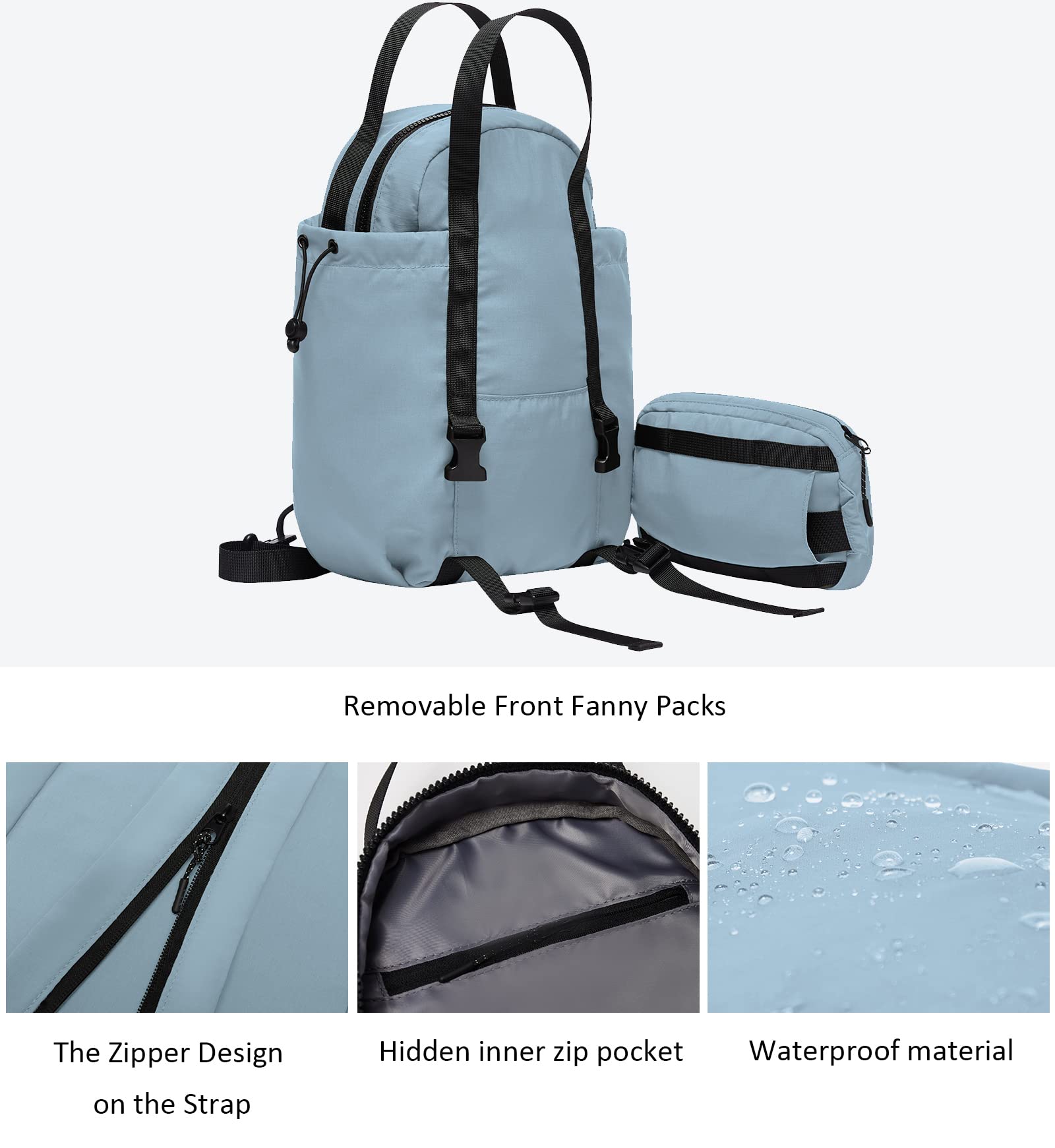 Wjustforu Hiking Backpack with Multiple Pockets for Men Women Lightweight Water-Resistant Travel Essentials Perfect for Camping Biking Yoga Mini Backpack Fanny Bag Set Grey Blue