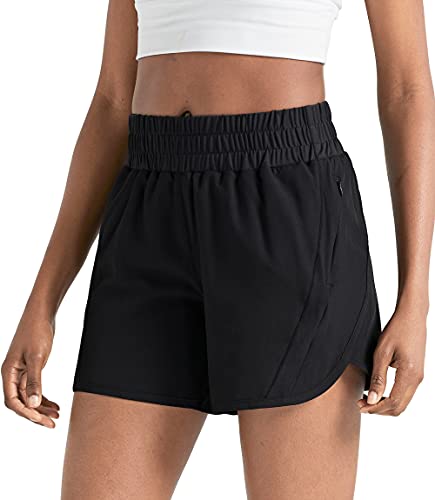 ZUTY 5" Athletic Running Shorts for Women with Zipper Pocket High Waisted Quick Dry Workout Gym Shorts with Liner Black L