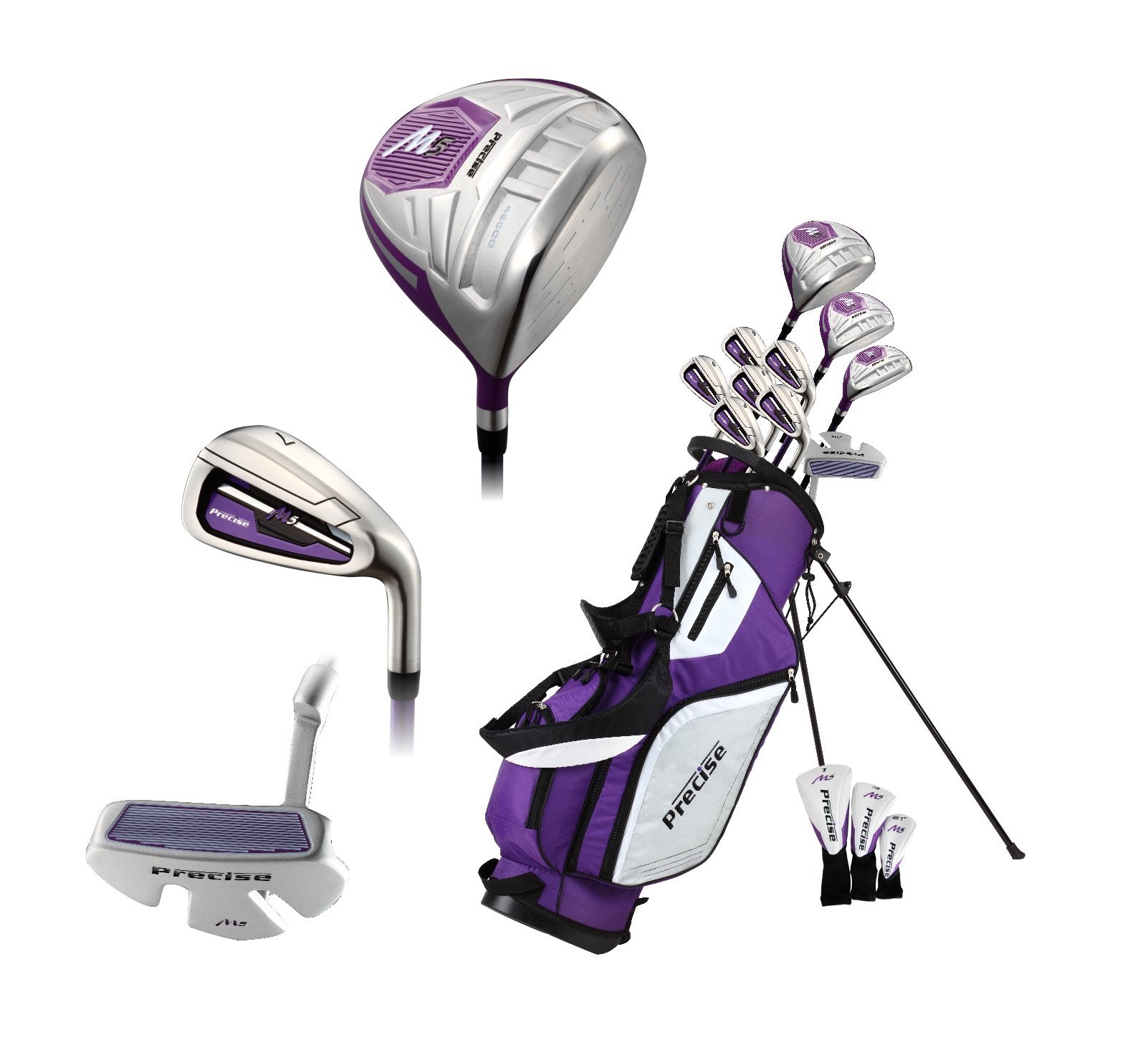 Precise M5 Ladies Womens Complete Right Handed Golf Clubs Set Includes Titanium Driver, S.S. Fairway, S.S. Hybrid, S.S. 5-PW Irons, Putter, Stand Bag, 3 H/C's Purple (Right Hand)