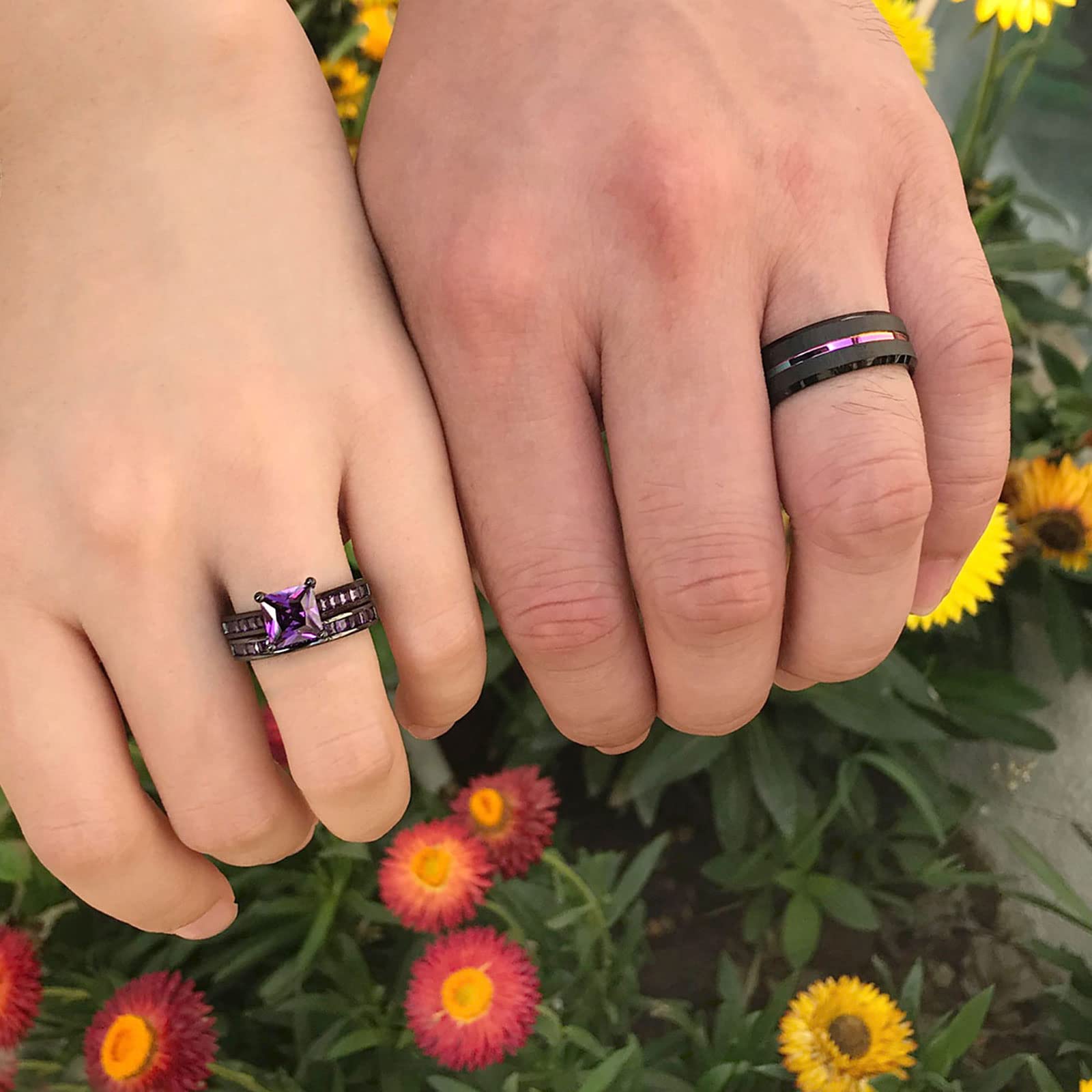 SHELOVES Black Plated Couples Women Purple Wedding Rings Sets His and Hers Men Tungsten Wedding Band 11+8.5