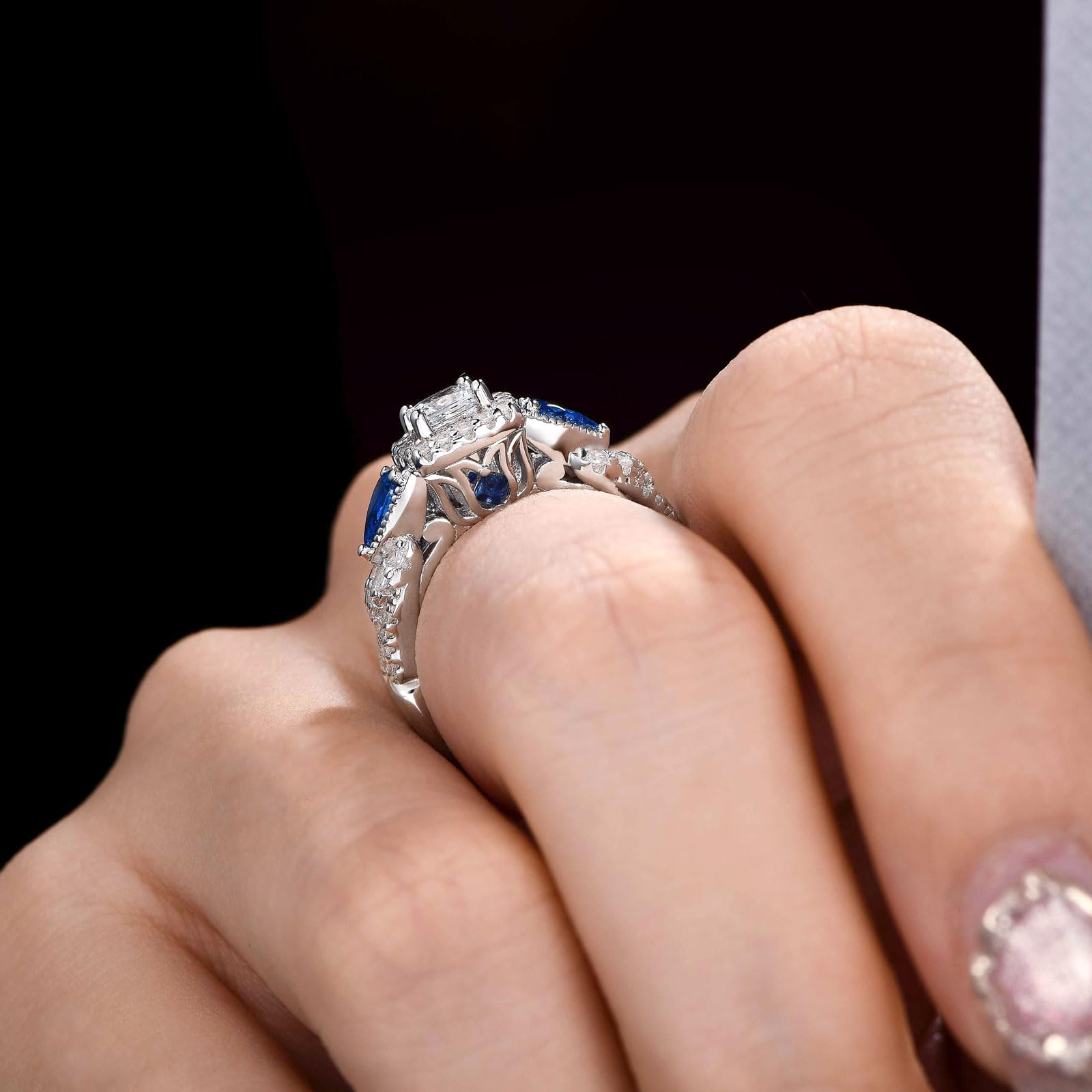 SHELOVES Princess Pear Blue Sapphire Sterling Silver Engagement Ring Wedding Ring Set for Women 6