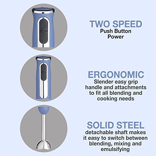 Rae Dunn Immersion Hand Blender- Handheld Immersion Blender with Egg Whisk and Milk Frother Attachments, 2 Speed Blender, 500 Watts, Stainless Steel Blade (Navy)