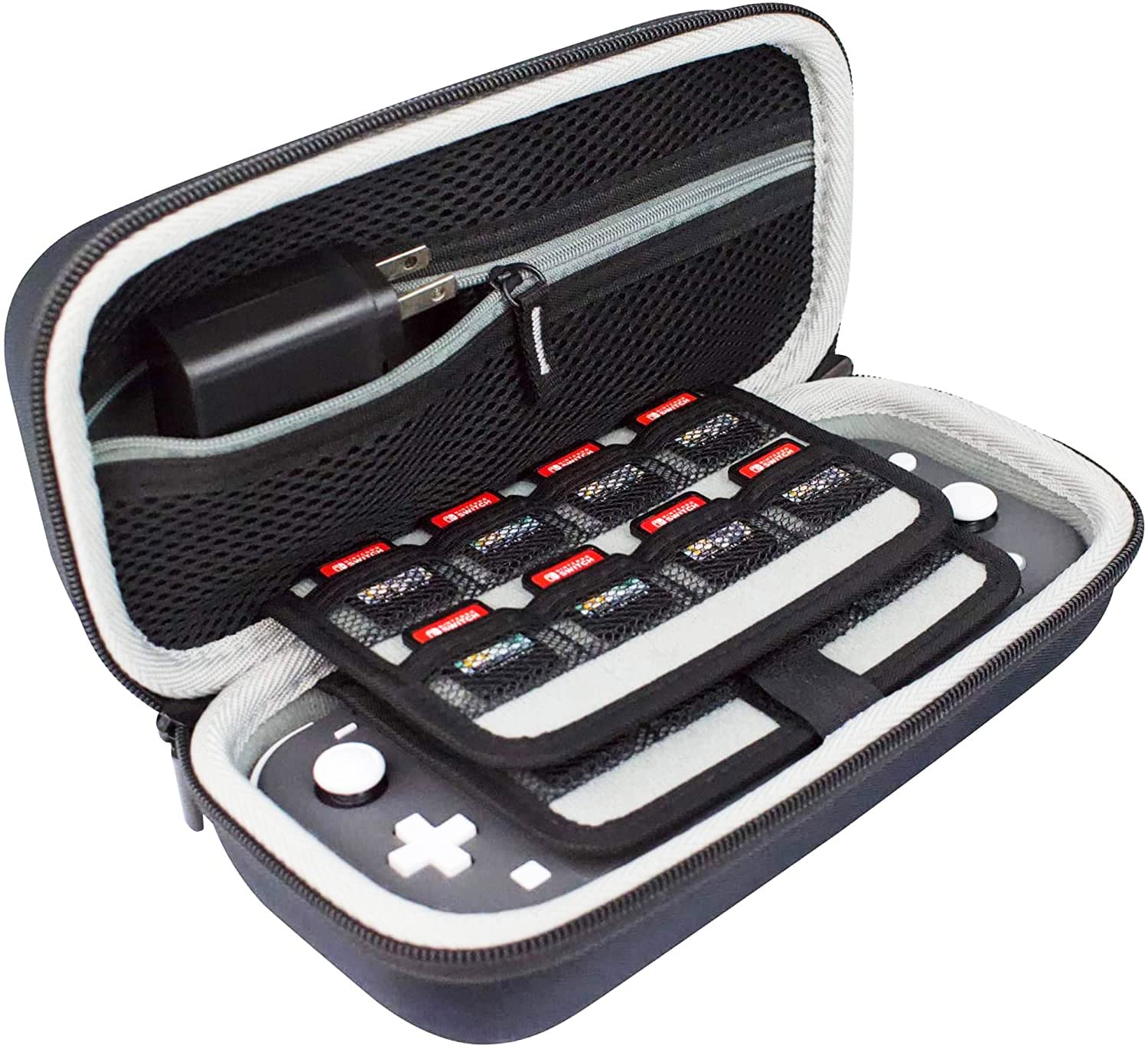 TAKECASE Hard Shell Carrying Case - Compatible with Nintendo Switch Lite - Fits Extra Controllers and 16 Game Cards - Includes Accessories Pouch for Adapter/Charger and Cables Grey/Black
