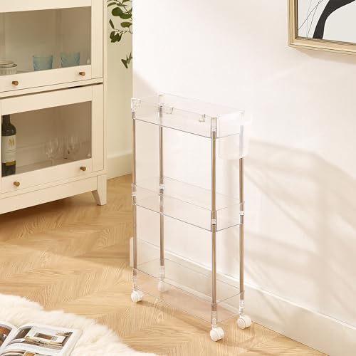 VECELO 3-Tier Clear Rolling Storage Cart,Acrylic Bathroom Utility Cart Kitchen Storage Organizers,Mobile Carts with 2 Lockable Wheels&Hooks for Livingroom Office Home,Clear