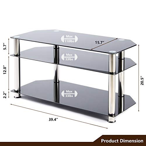 TAVR Black Tempered Glass Corner TV Stand Cable Management Suit for up to 46 inch Plasma LCD LED OLED Flat or Curved Screen TVs,3-Tier Gaming Consoles Media Component,Chrome Legs
