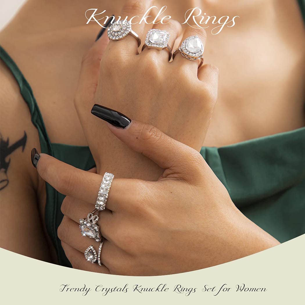 Woeoe Sparkle Rhinestones Knuckle Rings Silver Crystals Stackable Rings Set Multi Size Gemstones Finger Rings Set for Women and Girls（6Pcs)